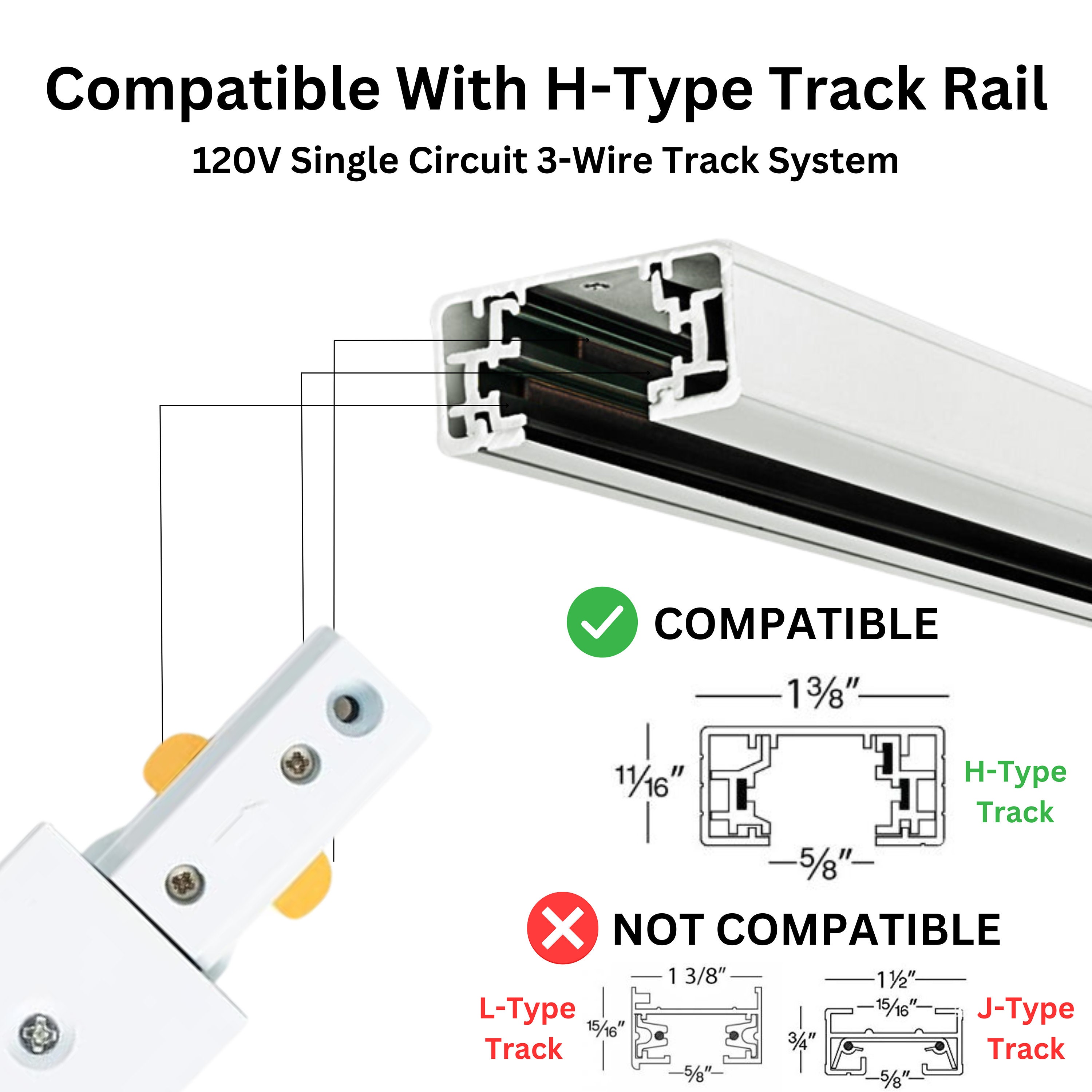 H Type Track Aluminum Metal LED Lighting Rail 3-wire 120V Single ...