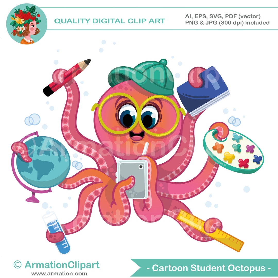 Student Octopus Multitasking Cute Cartoon Digital Clip Art, Scalable ...