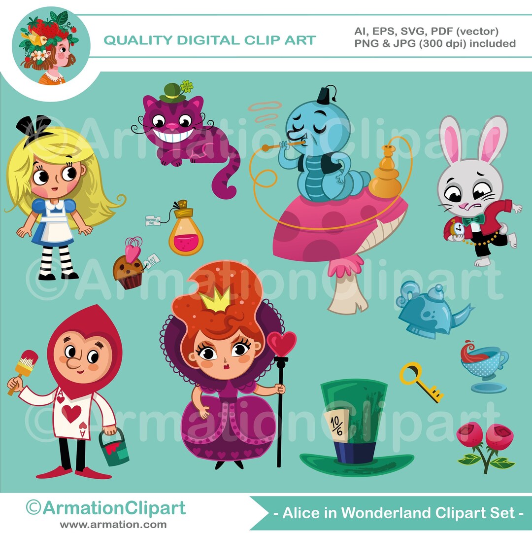 Alice in Wonderland Clipart Bundle Set Cute Cartoon Digital Clip Art ...