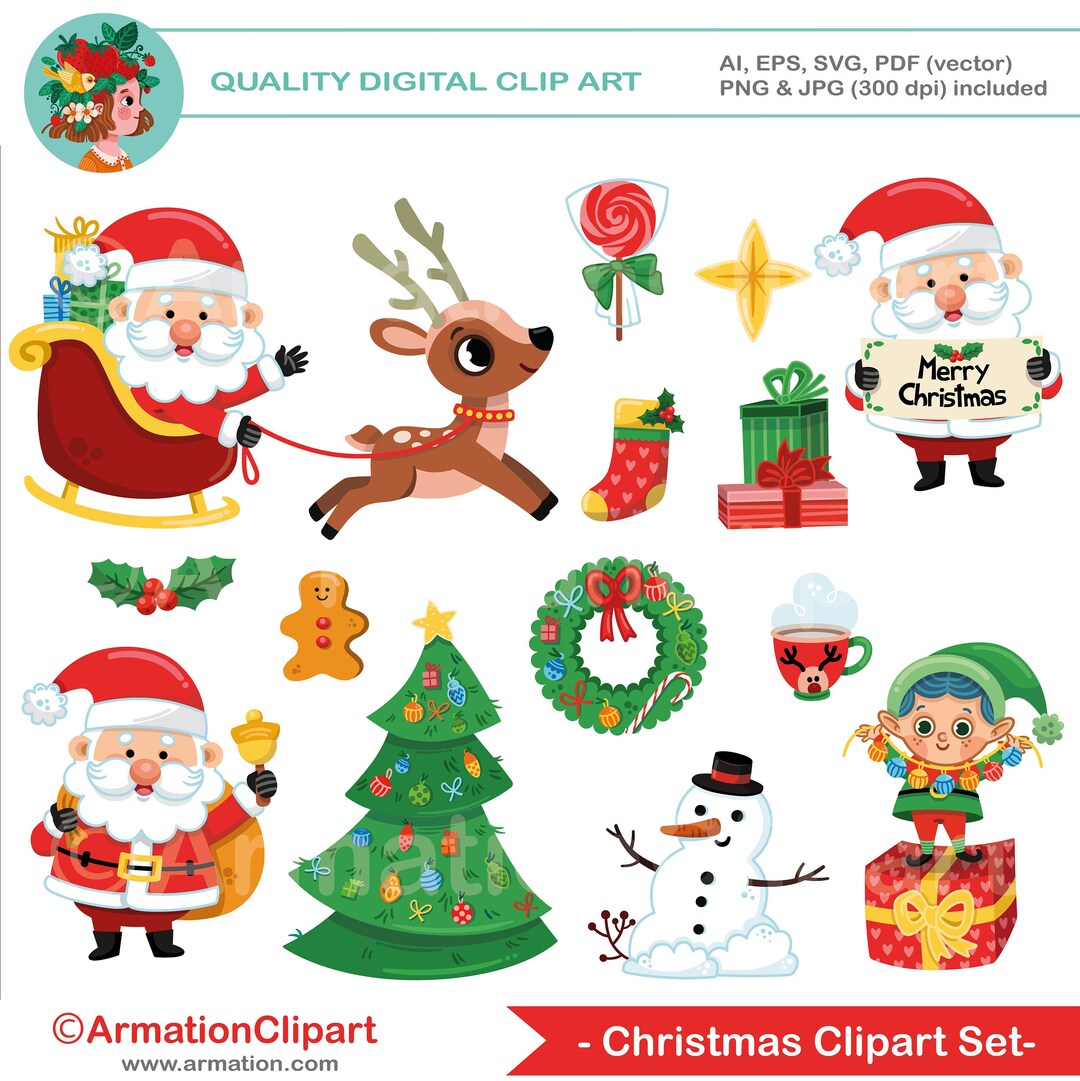 Christmas Clipart Cute Santa Snowman Holiday Cartoon Digital Clipart ...