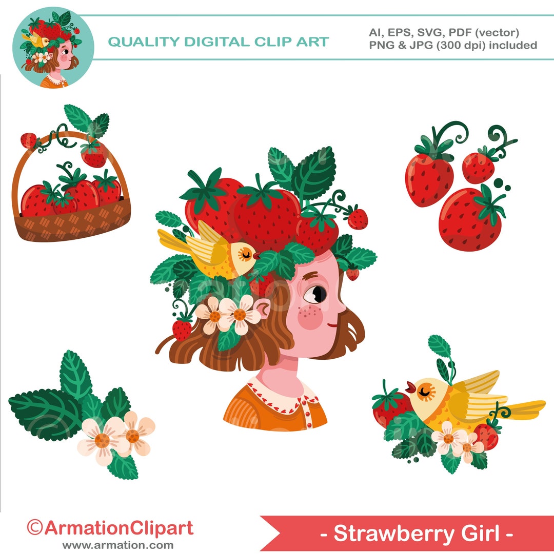 Strawberry Girl Clipart Cute Cartoon Strawberry Bird Digital Clip Art ...