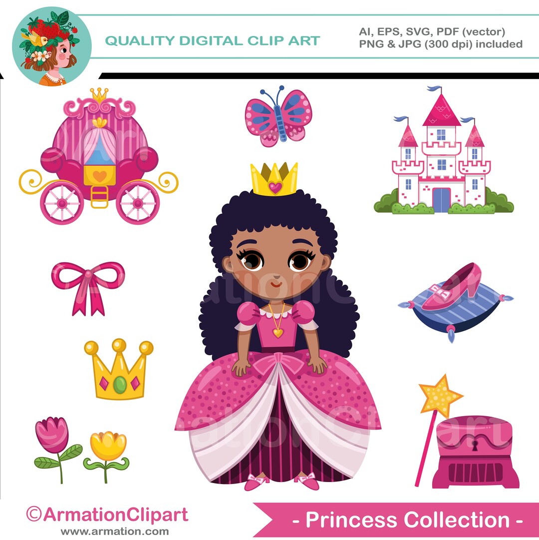 Princess Bundle 1 Cute Black Fairy Tale Princess Cartoon Digital Clip ...
