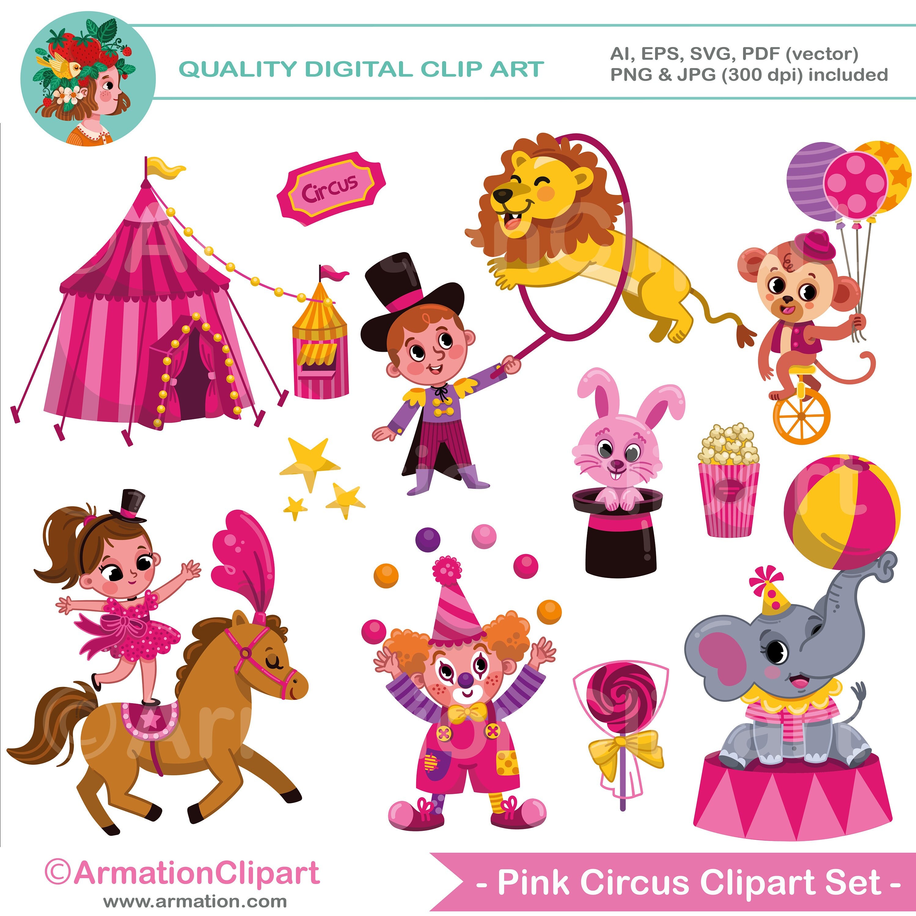 Pink Circus Clown Elephant Clipart Set, Cute Cartoon Digital Clip Art ...