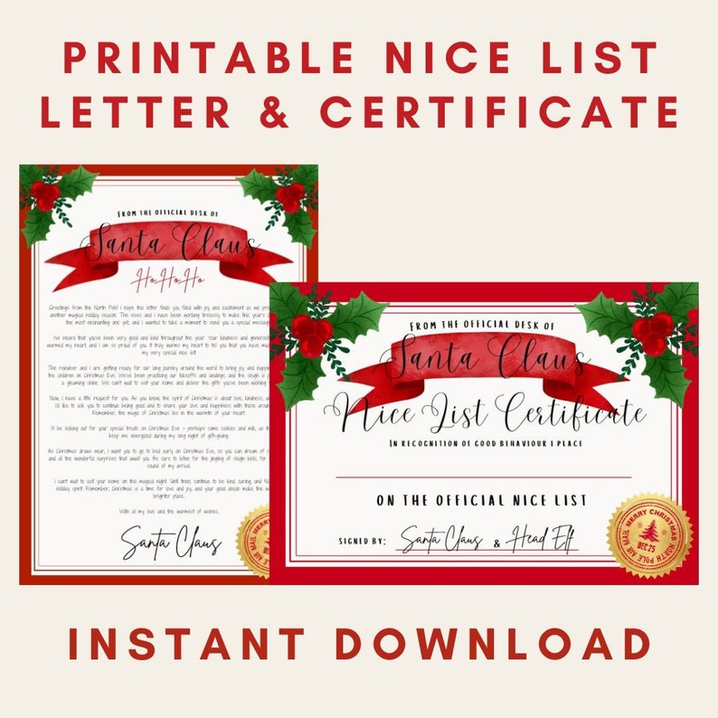 Santa Claus Nice Letter and Certificate Printable Bundle - Etsy