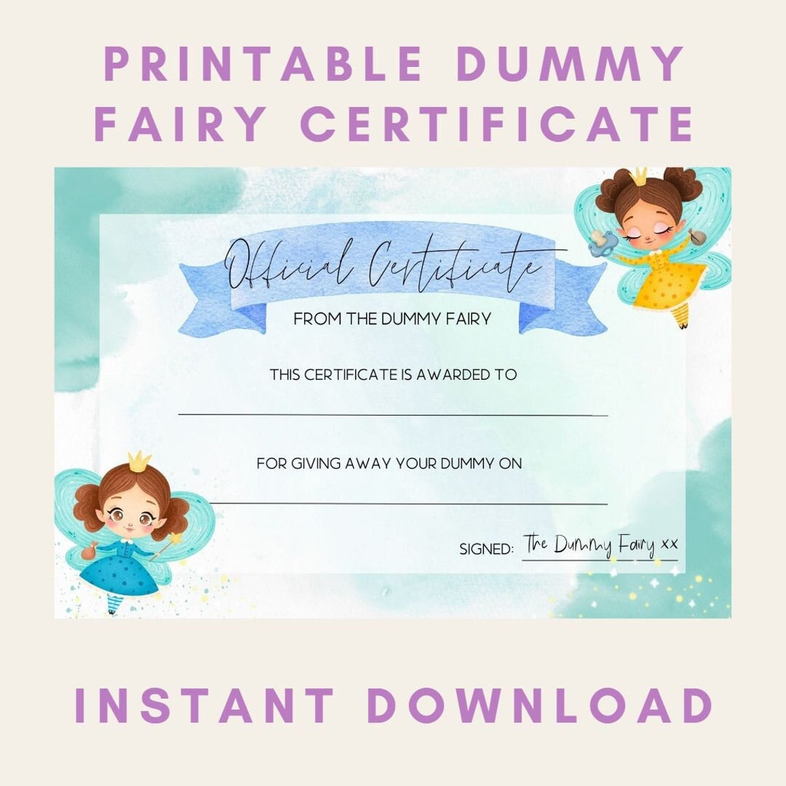 Instant Download Dummy Fairy Certificate (blue) Printable, Size A4 ...