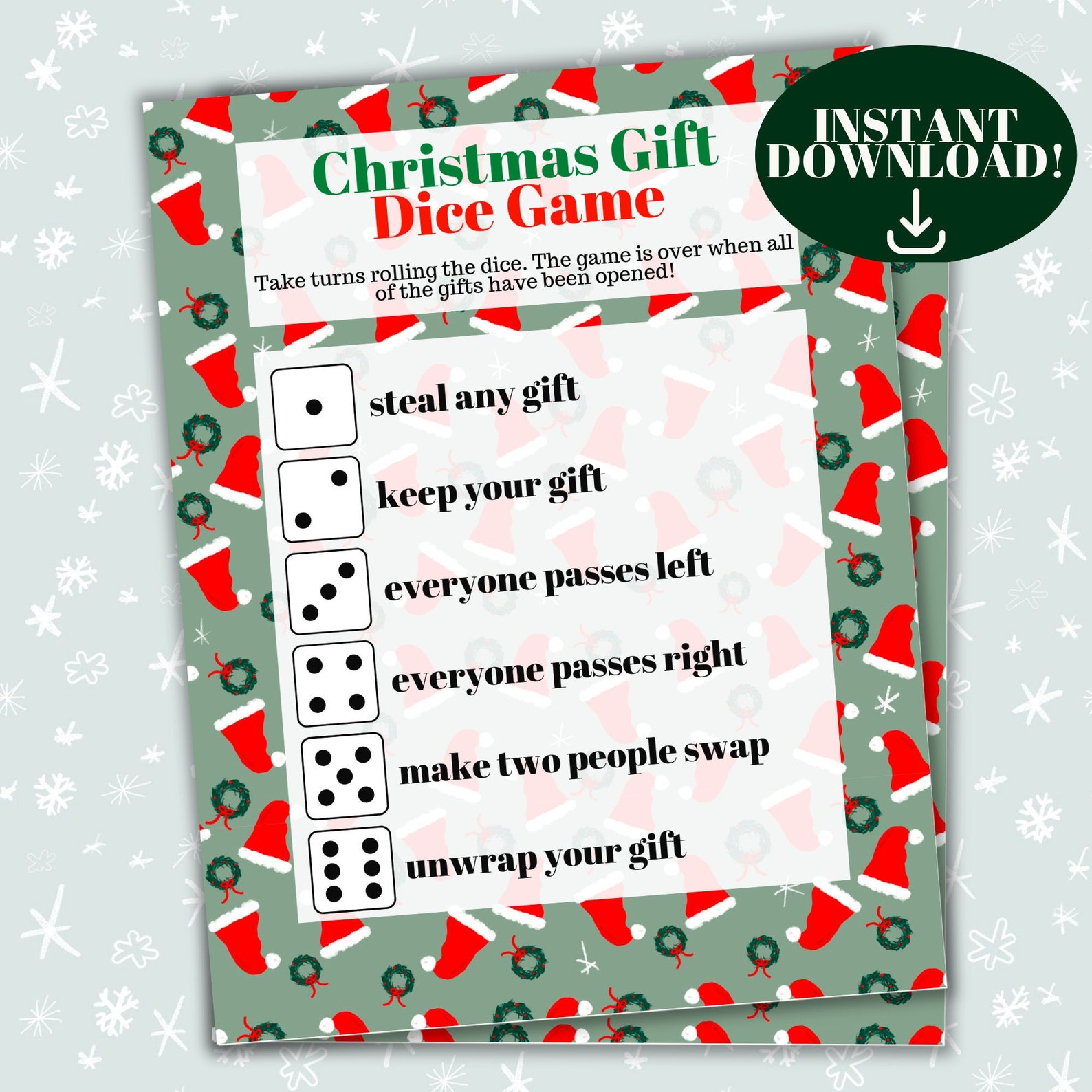 Christmas Gift Dice Game Printable, Instant Digital Download, Grab Bag ...