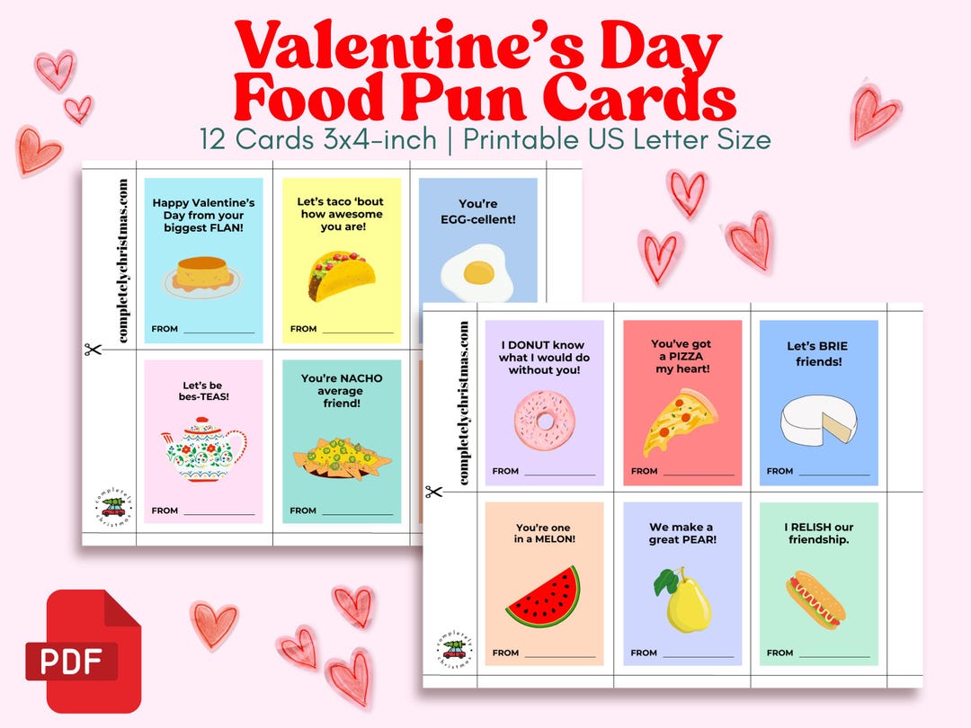 Funny Food Pun Valentine's Day Cards, Kids Classroom, Printable PDF - Etsy