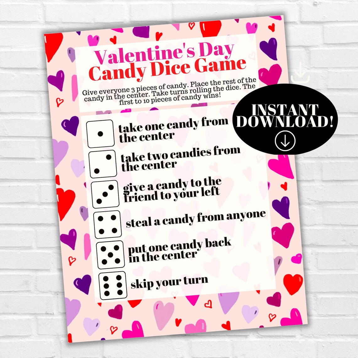 Valentine's Day Candy Dice Game Printable, Instant Digital Download ...
