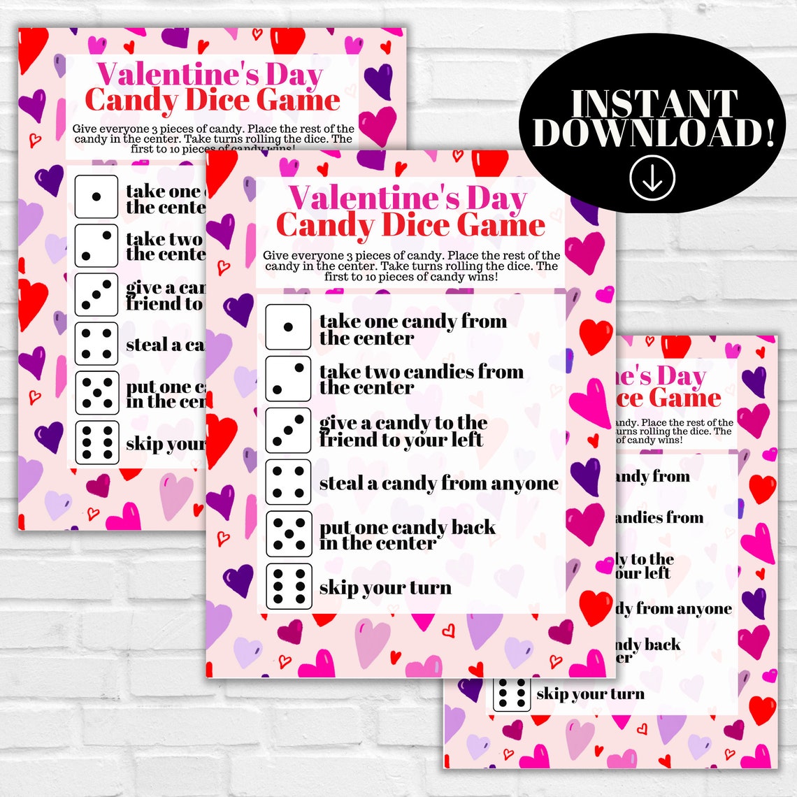 Valentine's Day Candy Dice Game Printable, Instant Digital Download ...