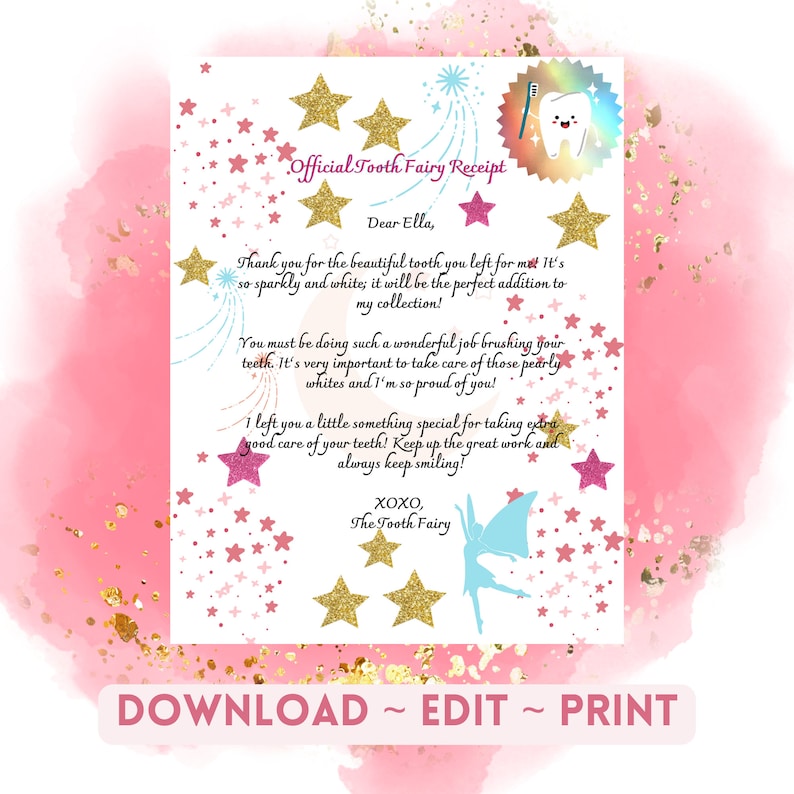 EDITABLE TOOTH FAIRY Letter/printable Tooth Fairy Receipt/printable ...