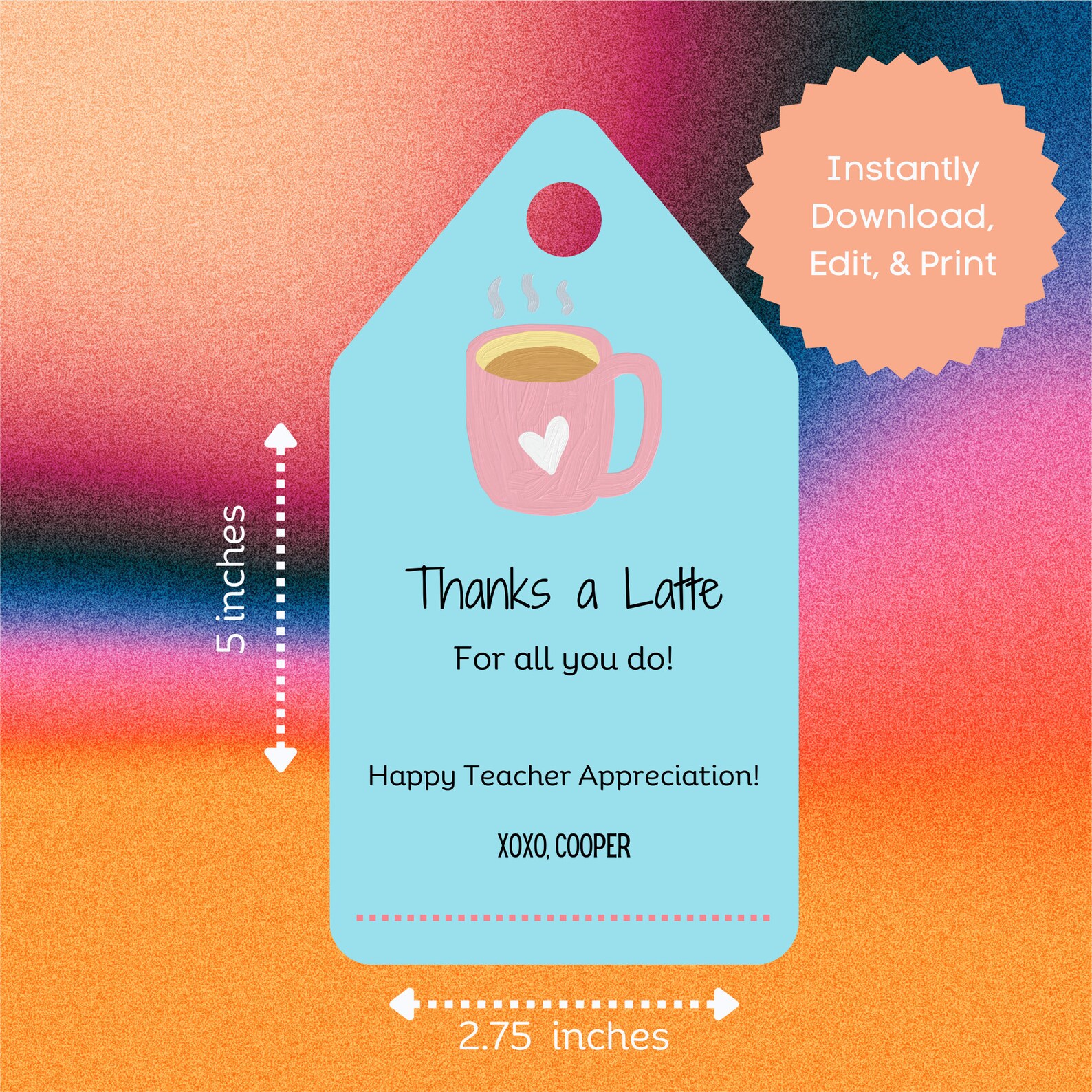 Editable TEACHER APPRECIATION Tag/thanks a Latte Tag/teacher Coffee Tag ...