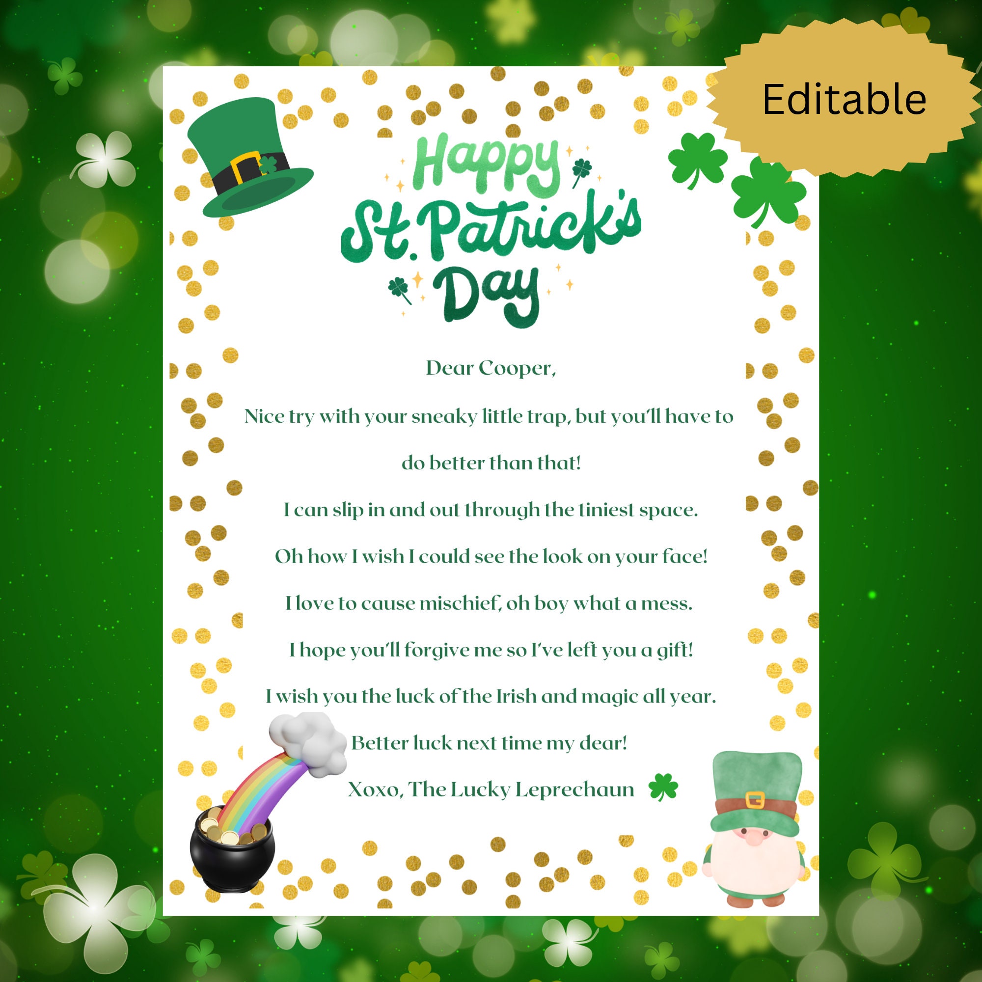EDITABLE LEPRECHAUN Letter/personalized Leprechaun Note/leprechaun Trap ...