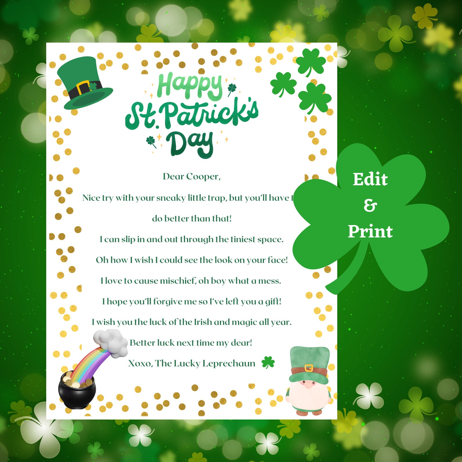 EDITABLE LEPRECHAUN Letter/personalized Leprechaun Note/leprechaun Trap ...