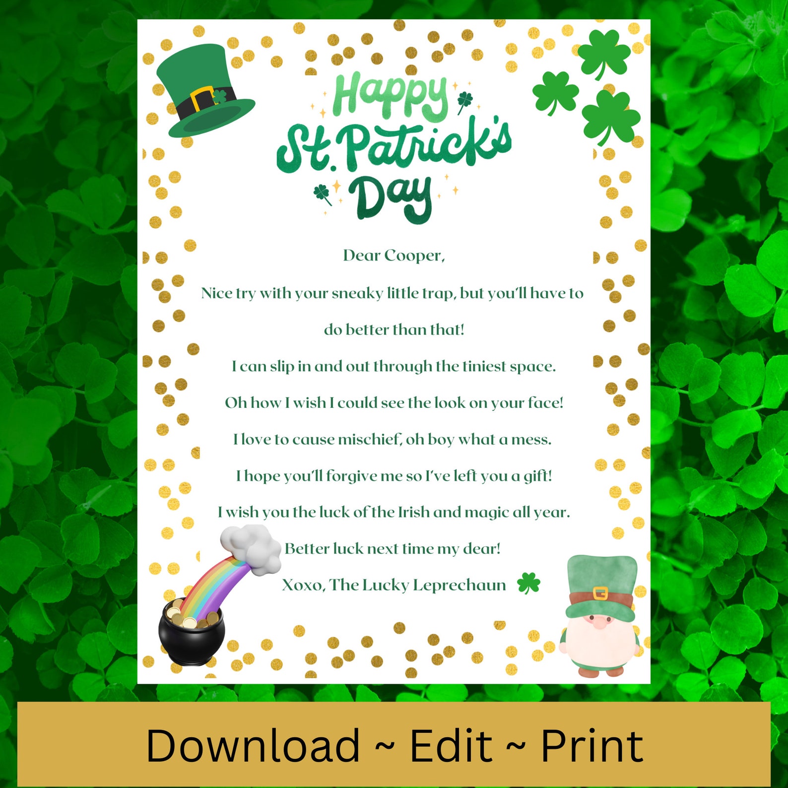 EDITABLE LEPRECHAUN Letter/personalized Leprechaun Note/leprechaun Trap ...