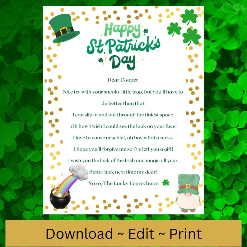 EDITABLE LEPRECHAUN Letter/personalized Leprechaun Note/leprechaun Trap ...