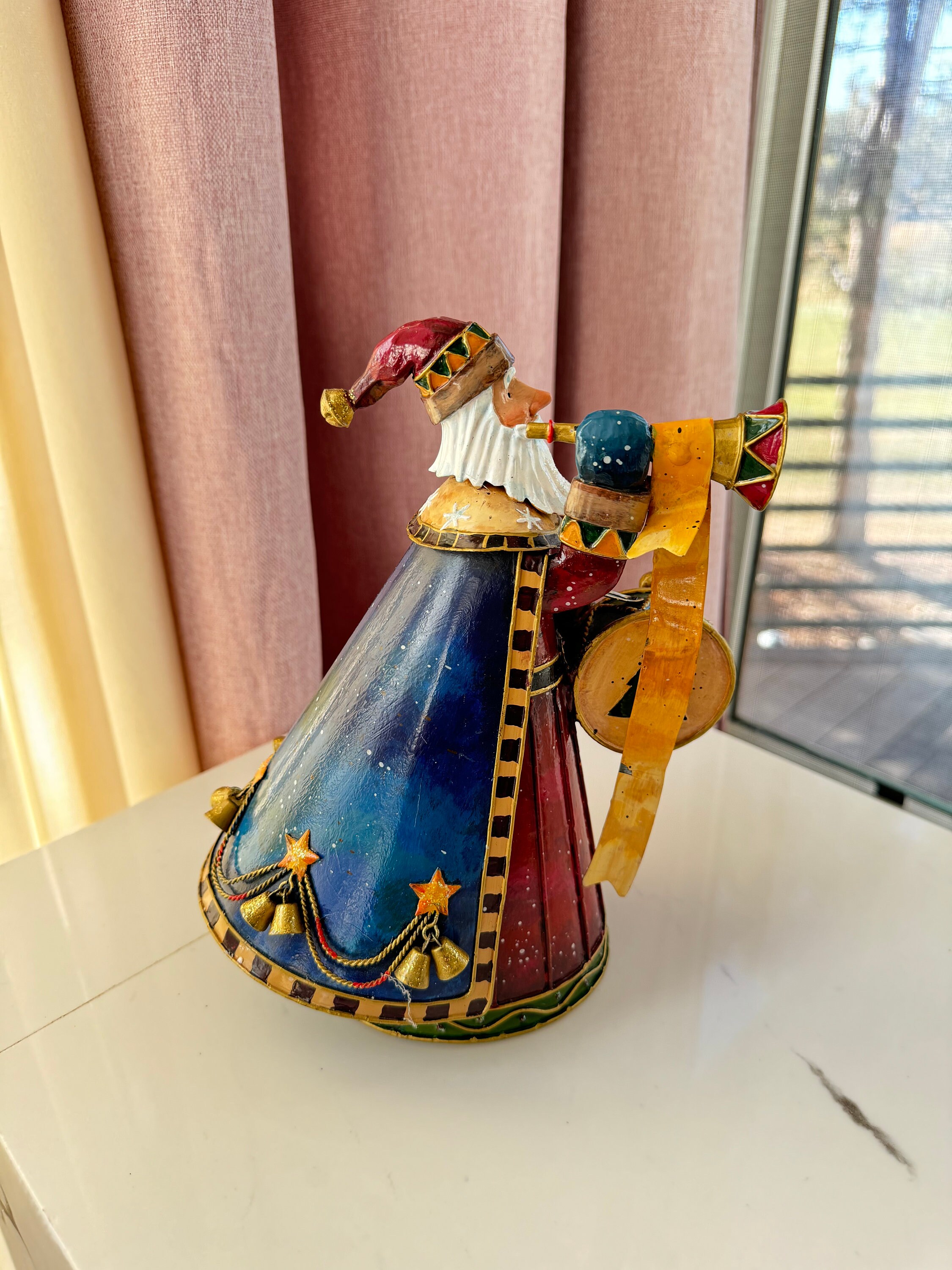 Vintage Metal Santa Figure Sculpture Blowing Horn and Beating the Drum ...