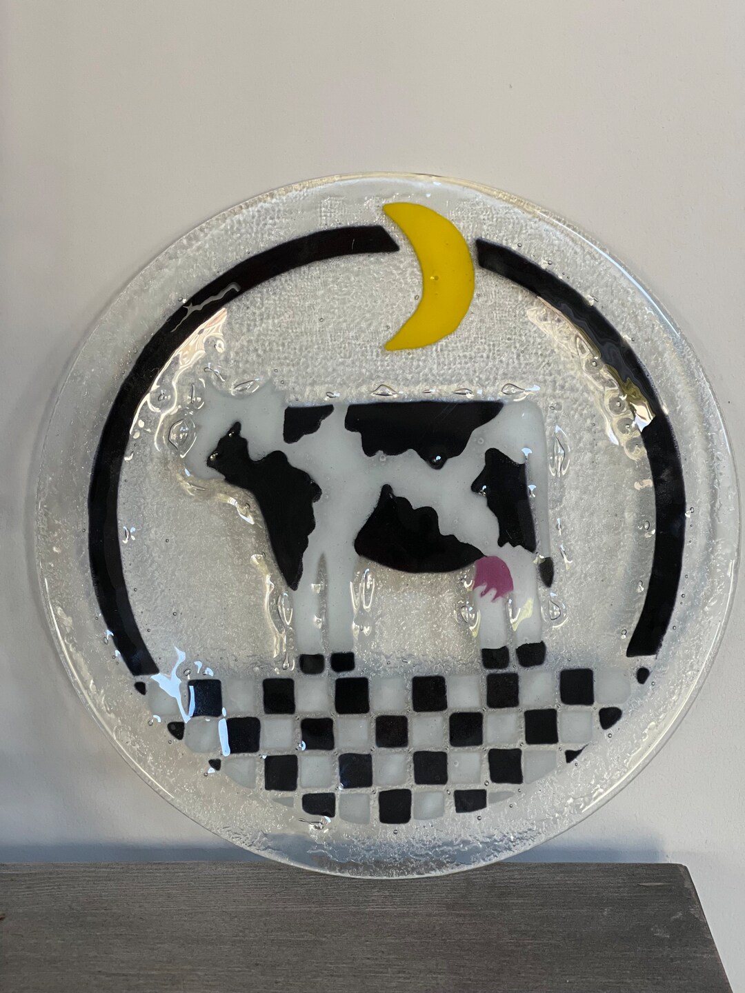 Vintage Peggy Karr Fused Art Glass Cow With Yellow Moon Checkerboard 14 ...