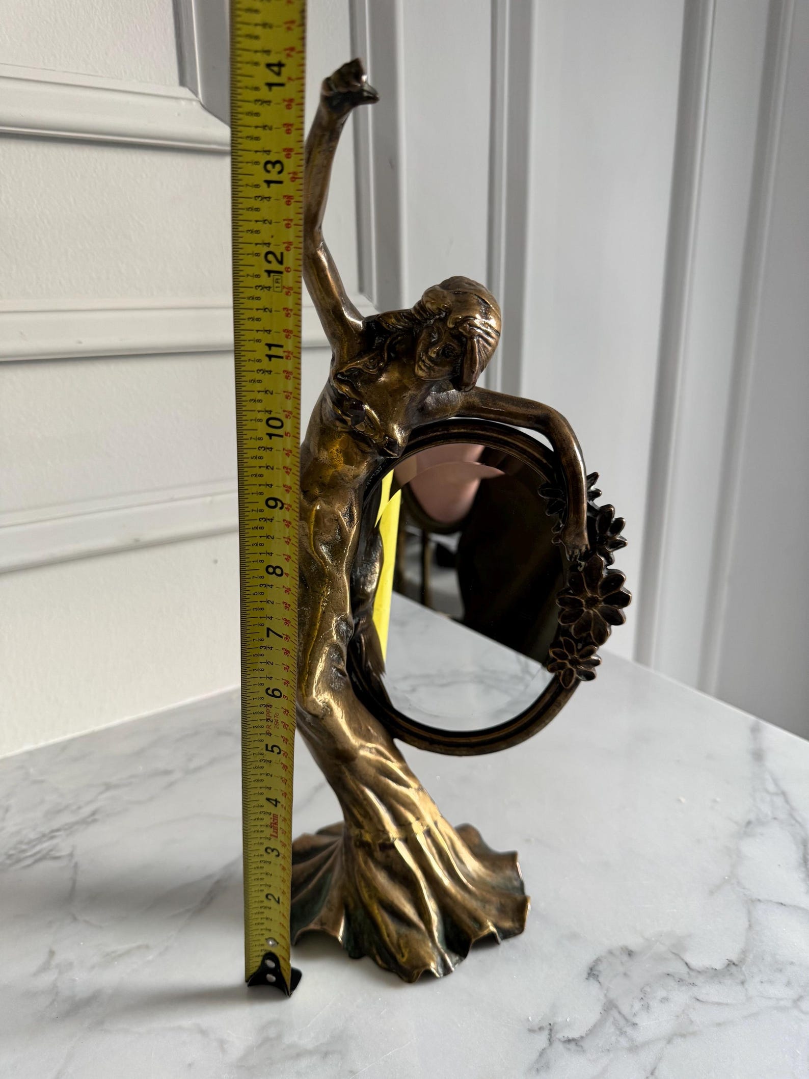 Vintage Patinated Bronze Art Nouveau Standing Lady Vanity Mirror 14” X ...