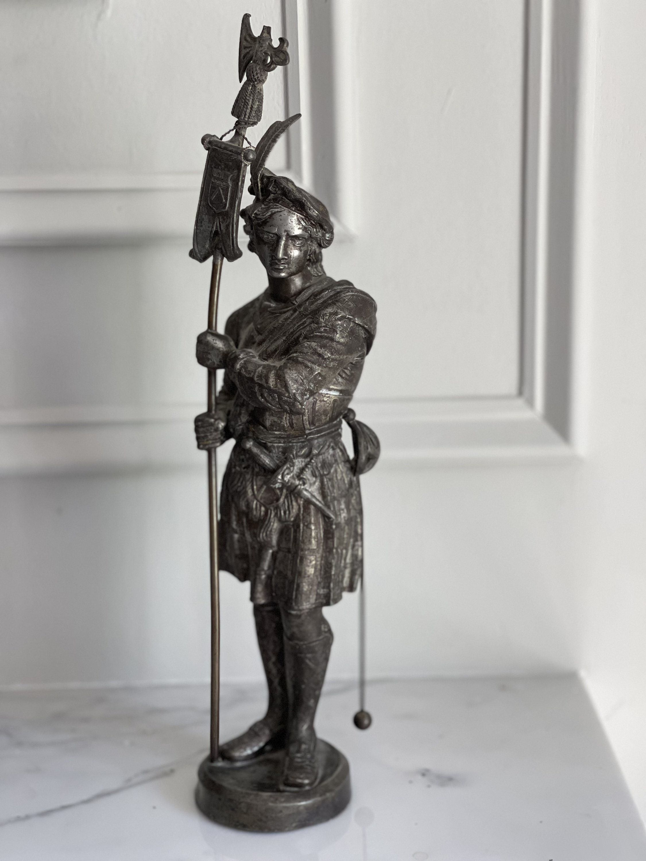 Vintage or Antique Spelter Figure Guard Sculpture Statue Holding Bronze ...
