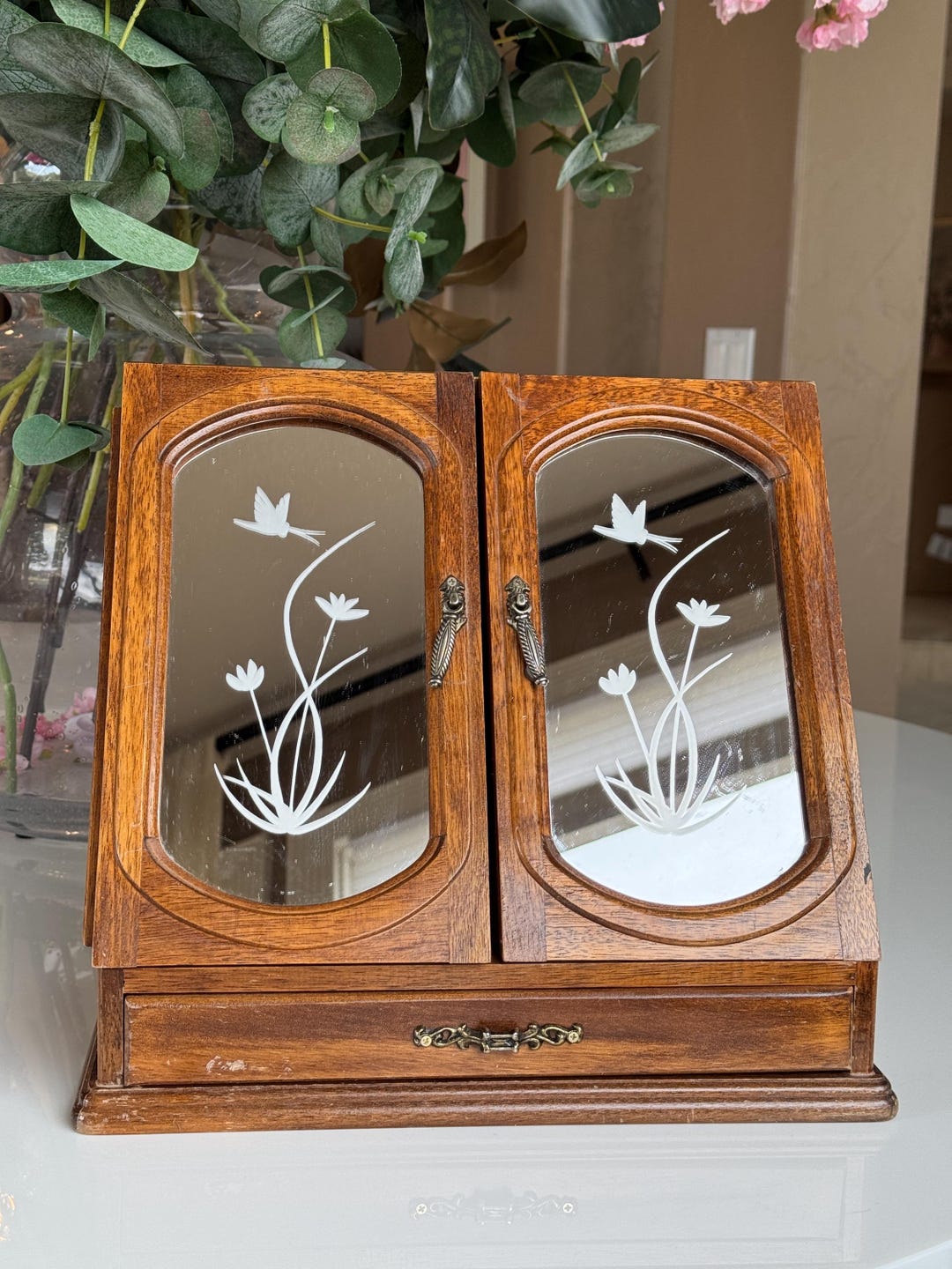 Lovely Vintage Wooden Double Door Jewelry Box 11.5"x11"x7" With Mirrors ...