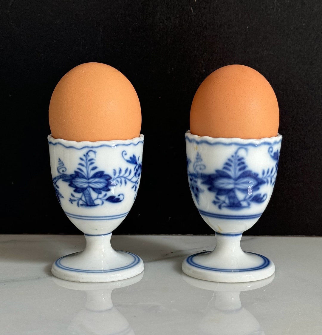 Pair of Meissen Blue Onion Egg Cups or Egg Holder Sword Mark Made in ...