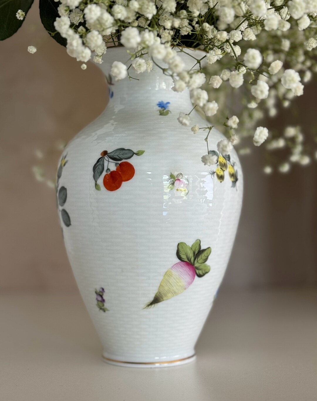 Herend Hand Painted Vase With Fruits, Mushroom, Raddish & Flowers ...