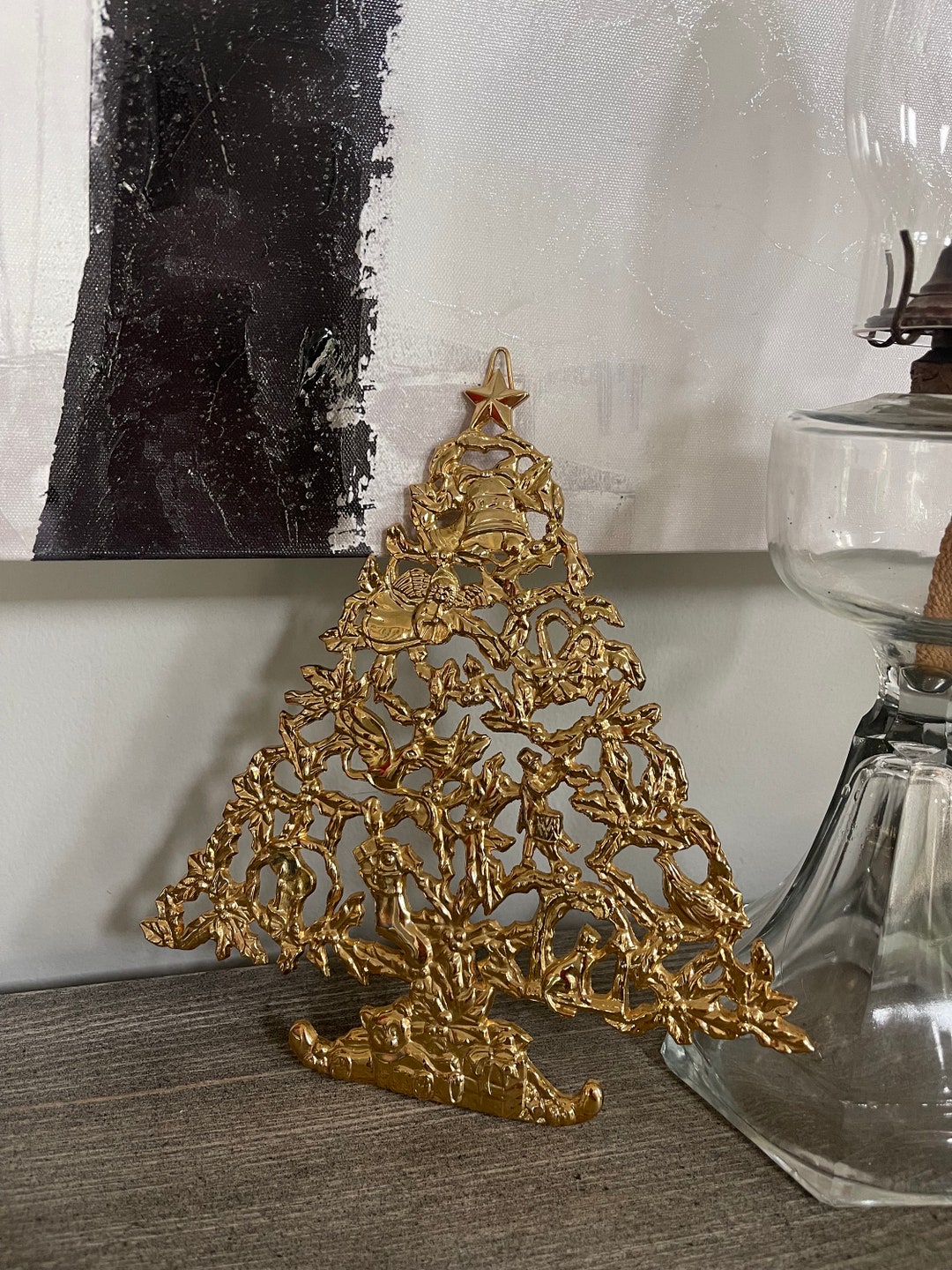 Vintage Gold Tone Metal Christmas Tree Wall Decor or Trivet Jingle Bell ...