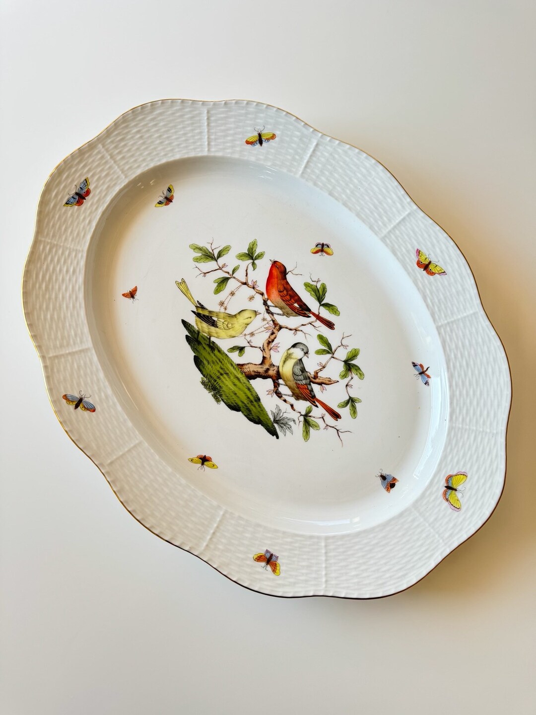 Large Vintage Herend Rothschild Bird Oval Serving Platter Tray Hungary With Basketweave Edge 16 ...