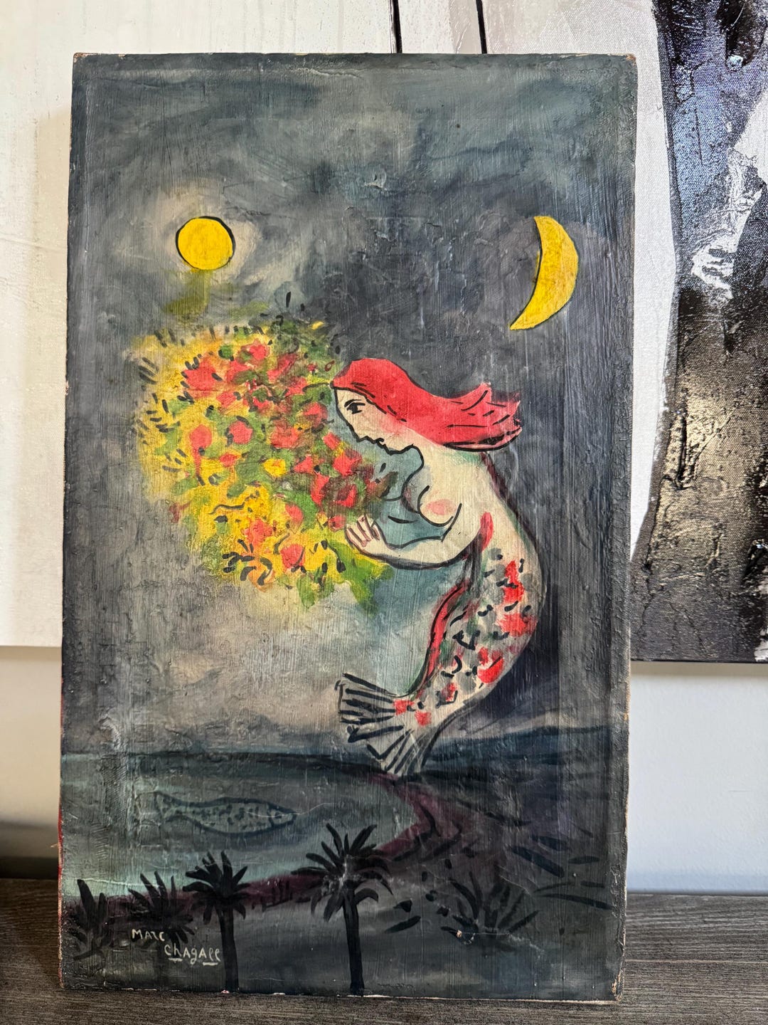Old Oil on Canvas of an Enchanting Red Haired Mermaid 19"x12" Signed ...