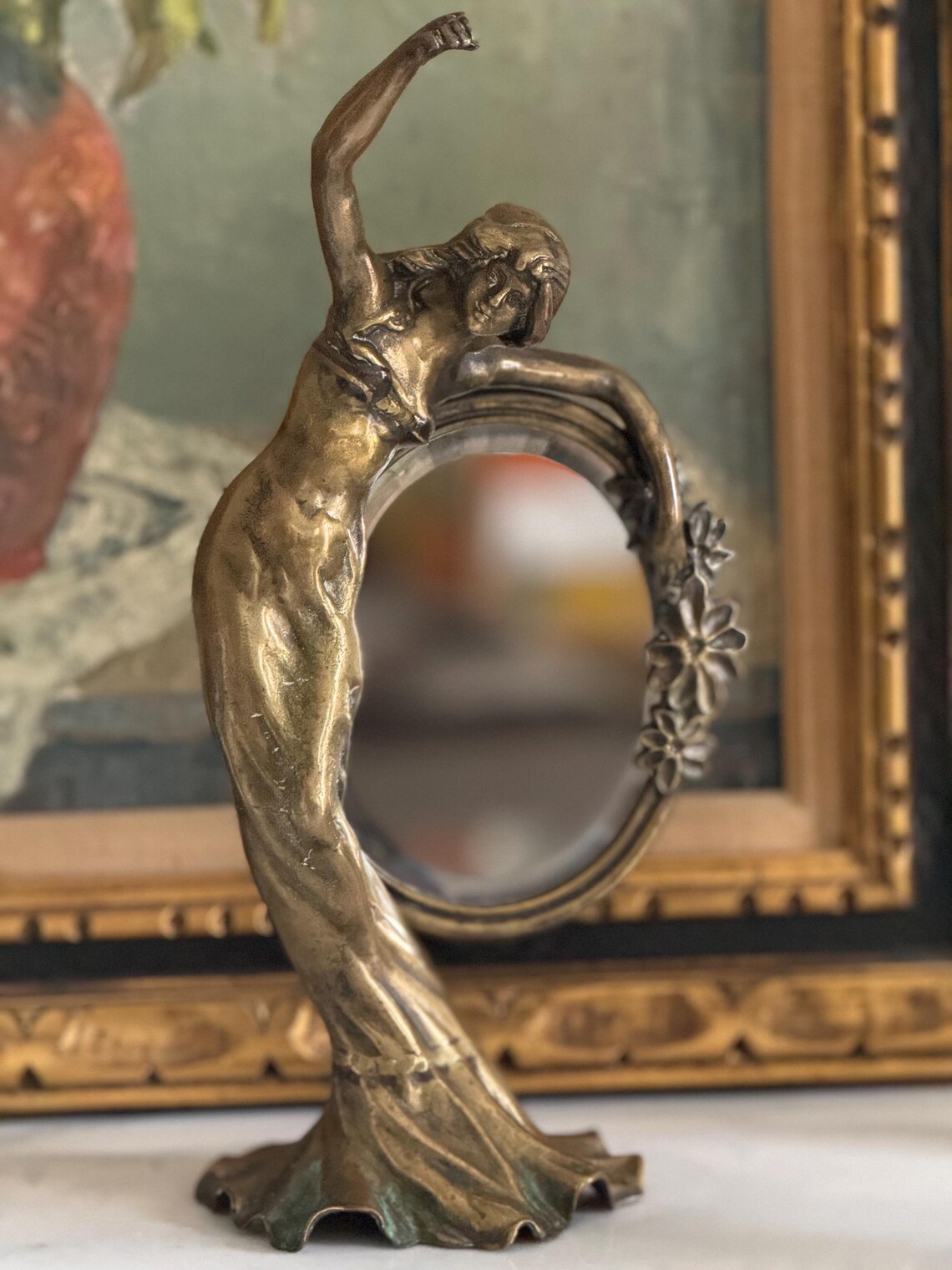 Vintage Patinated Bronze Art Nouveau Standing Lady Vanity Mirror 14” X ...