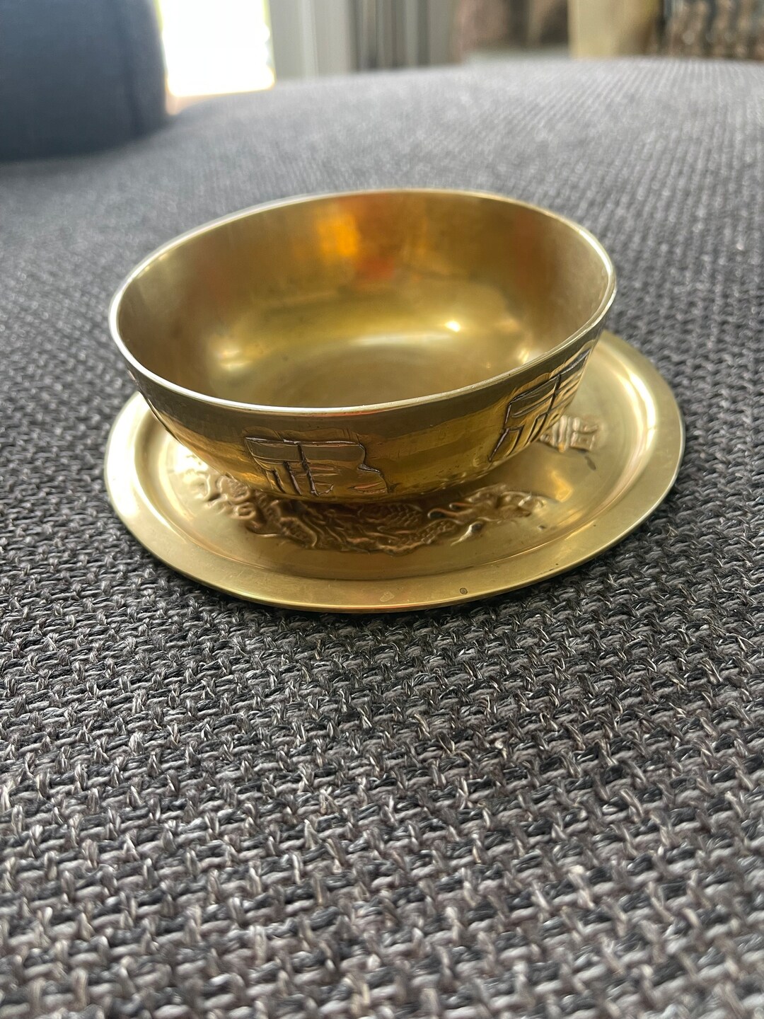 Asian Solid Brass Gold Golden Dragon Rice Bowl and Plate Set Engraved ...