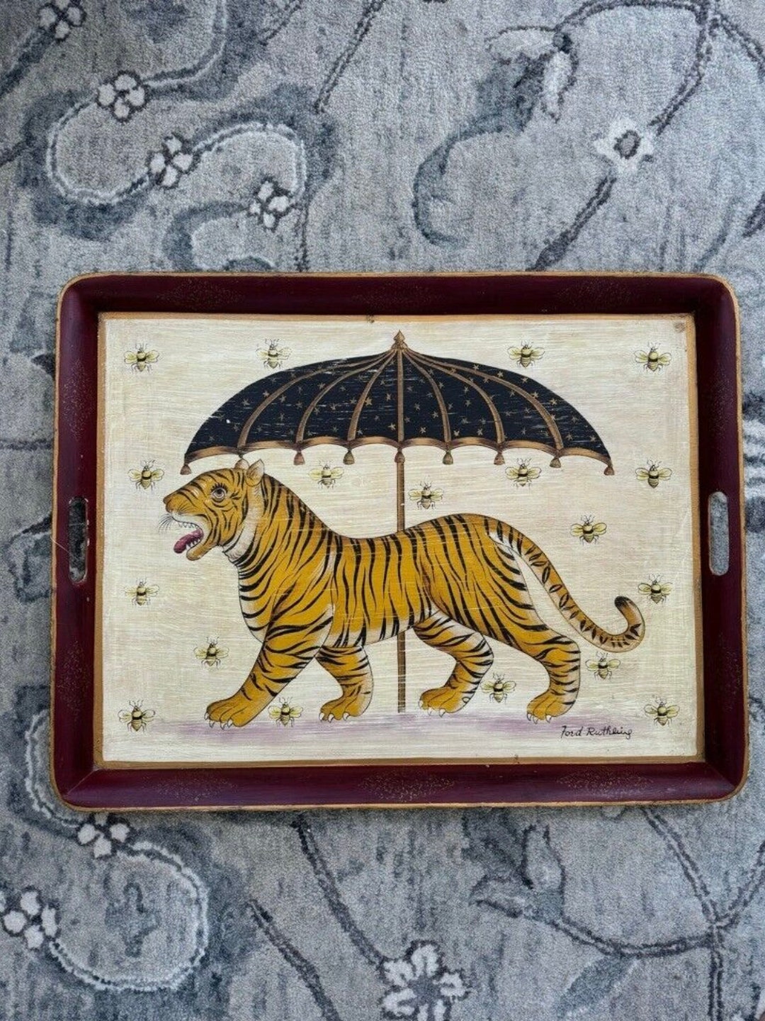 Rare Big Tiger Under Gilded Black Umbrella With Bees Metal Serving Tray ...