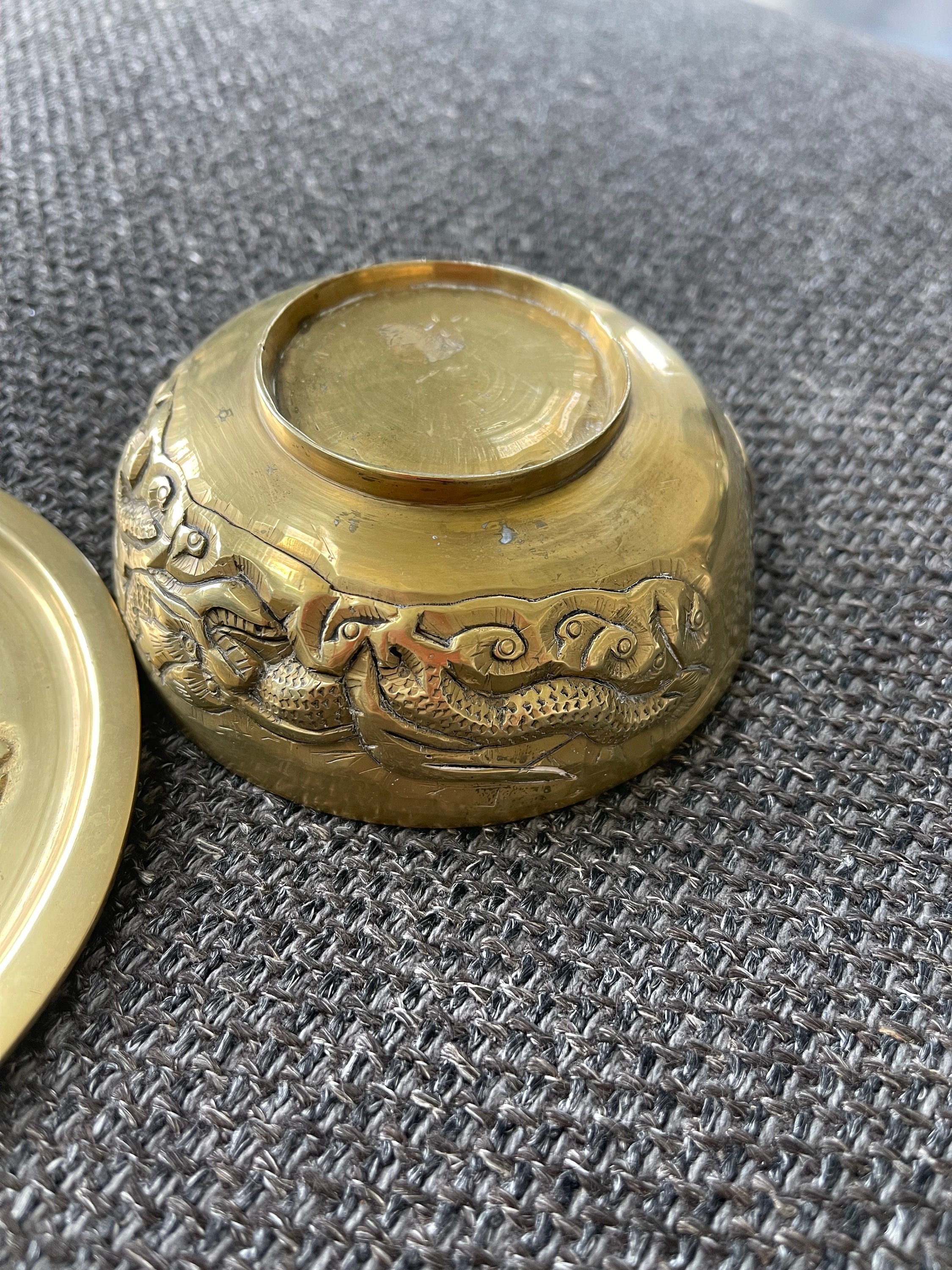 Asian Solid Brass Gold Golden Dragon Rice Bowl and Plate Set - Etsy