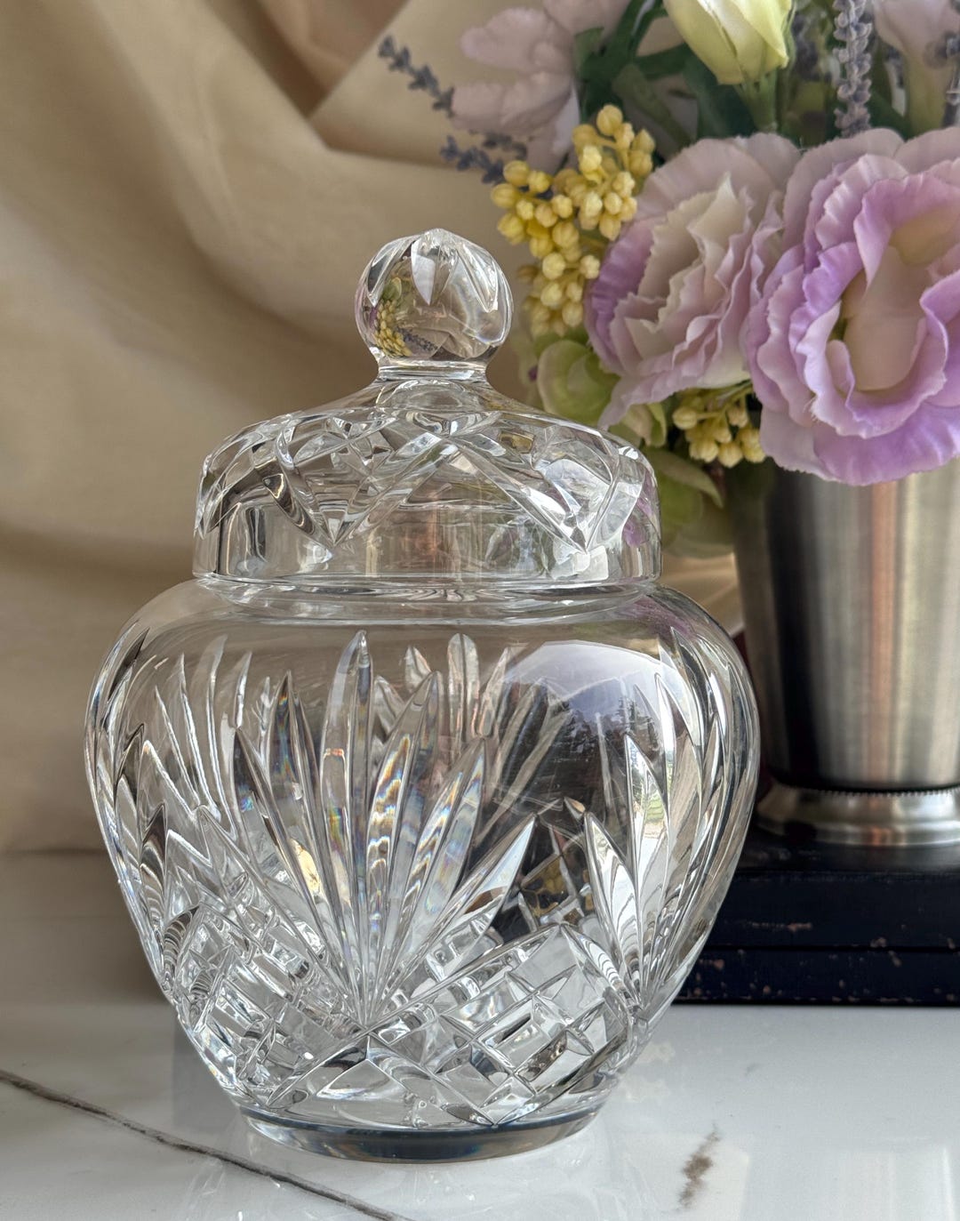 Beautiful Cut Crystal or Glass Temple Jar or Ginger Jar Canister 7"x5.5 ...