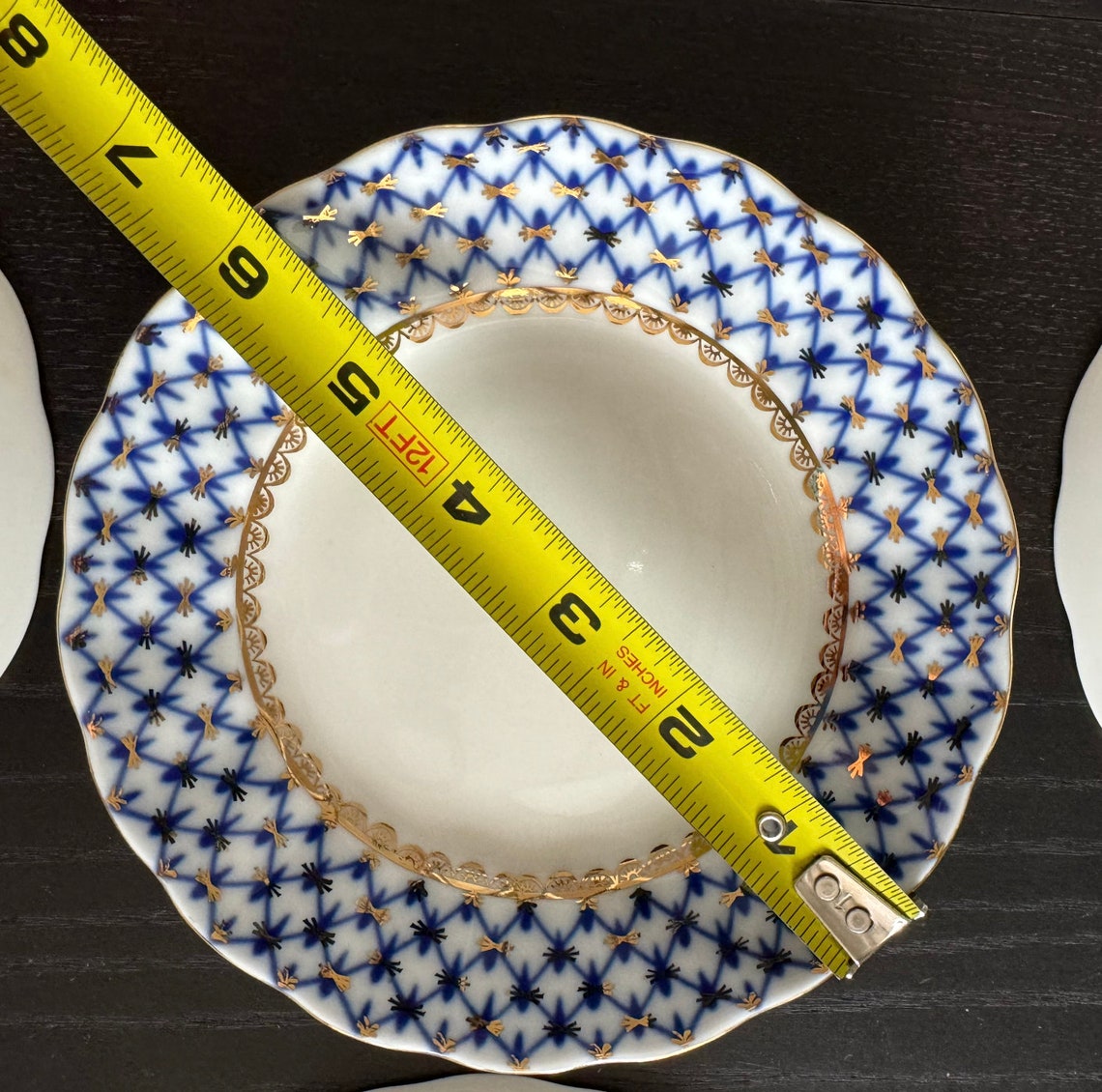 Lomonosov Cobalt Blue Fish Net 22K Gold Cup Saucer Dessert Plate 6" 3 ...