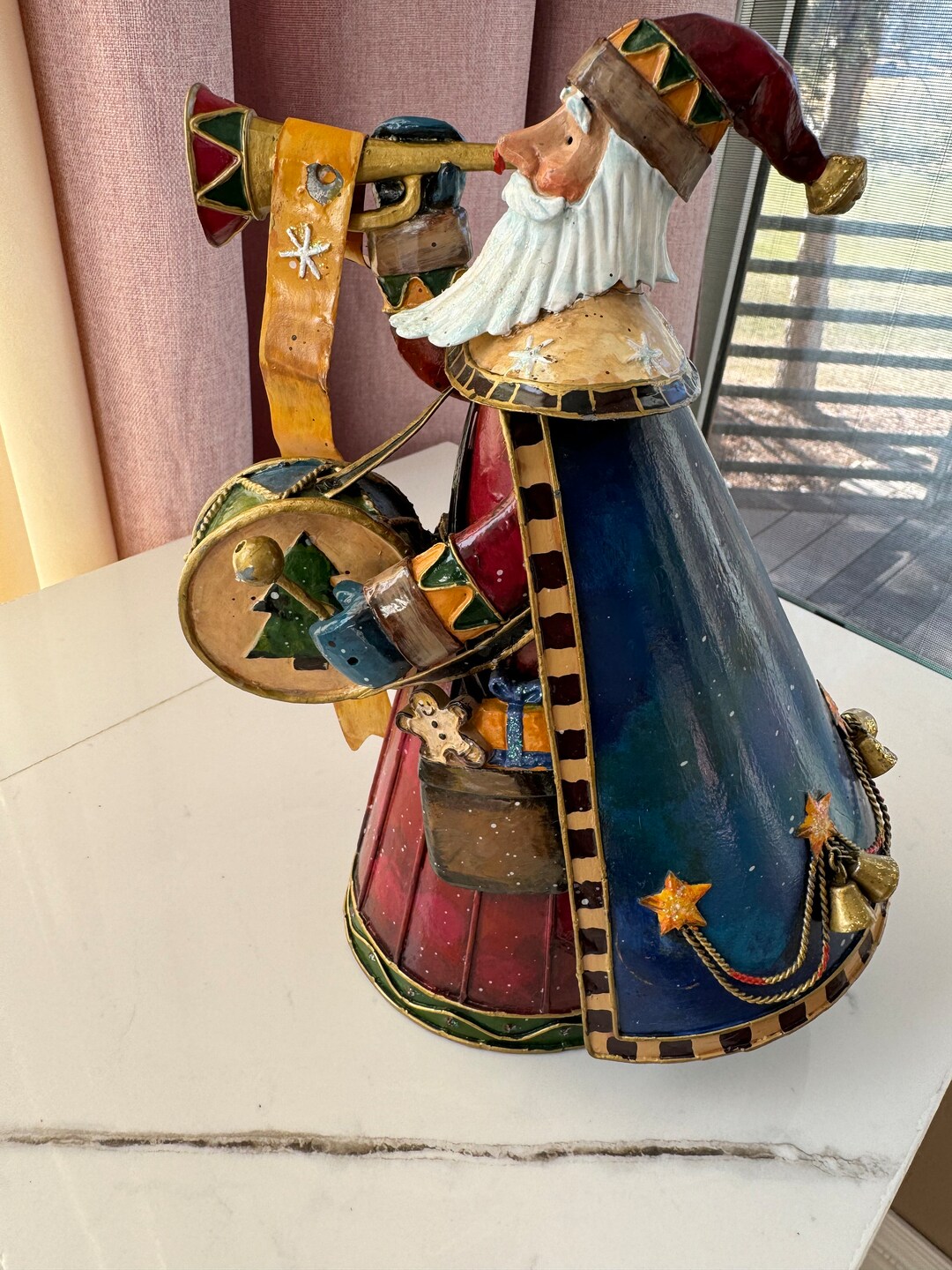 Vintage Metal Santa Figure Sculpture Blowing Horn and Beating the Drum ...