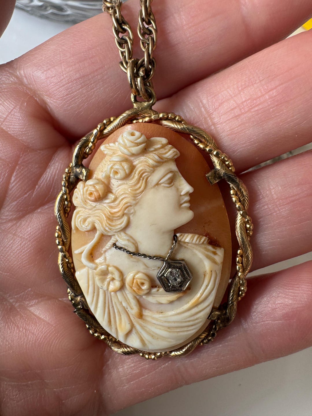 Vtg or Antique Fernando Ronci Necklace in Necklace Shell Cameo Diamond ...