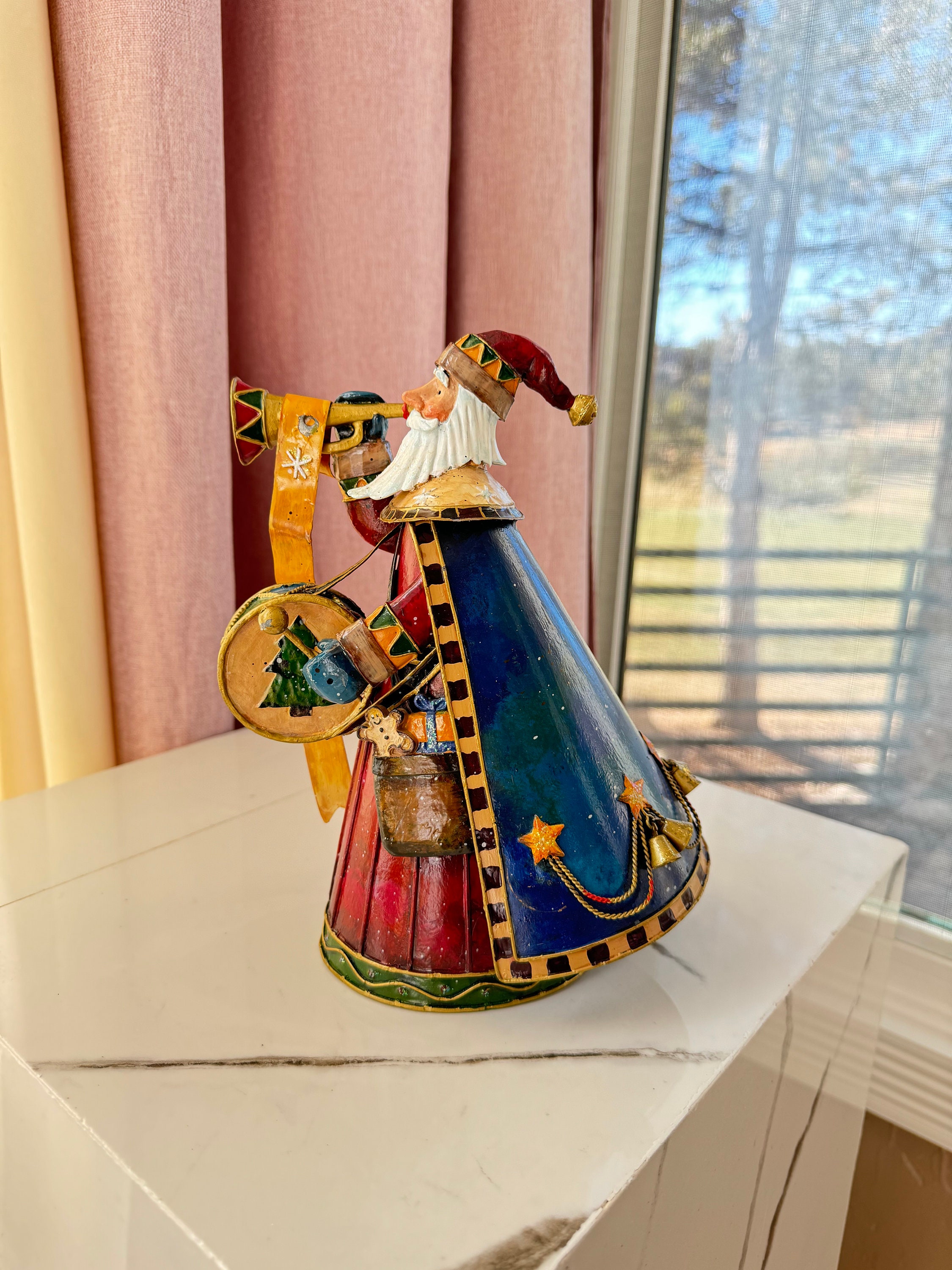 Vintage Metal Santa Figure Sculpture Blowing Horn and Beating the Drum ...