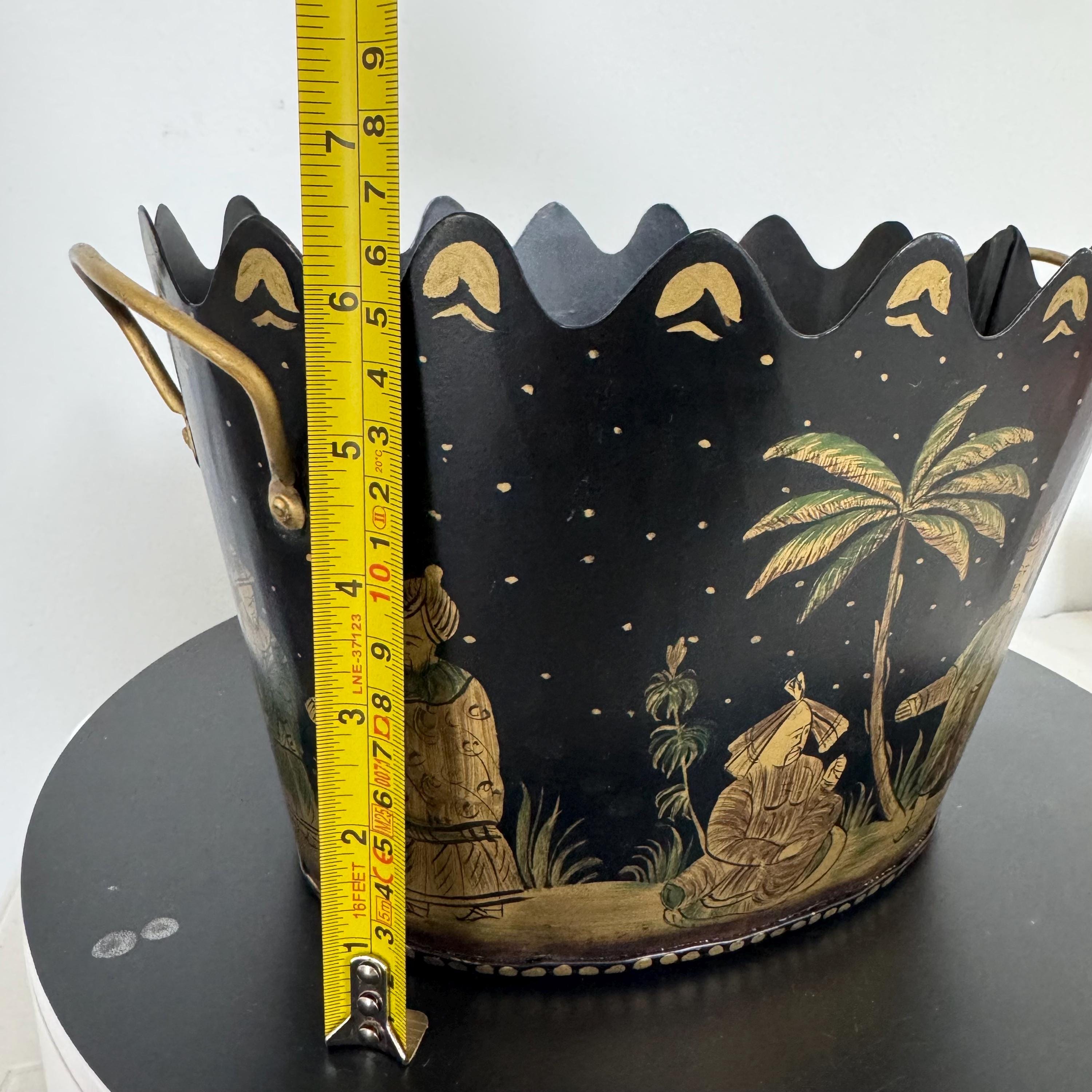 Vintage Chinoiserie Black and Gold Painted Tole Cachepot or Jardinière ...