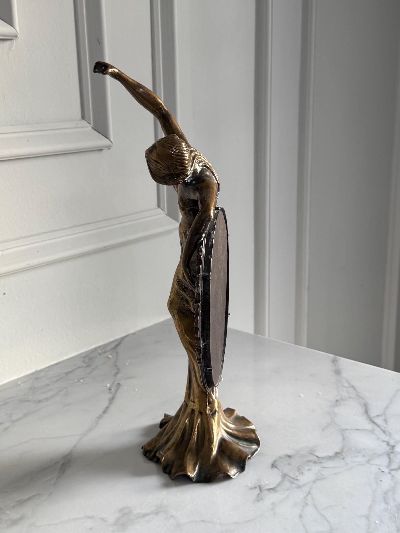 Vintage Patinated Bronze Art Nouveau Standing Lady Vanity Mirror 14” X ...