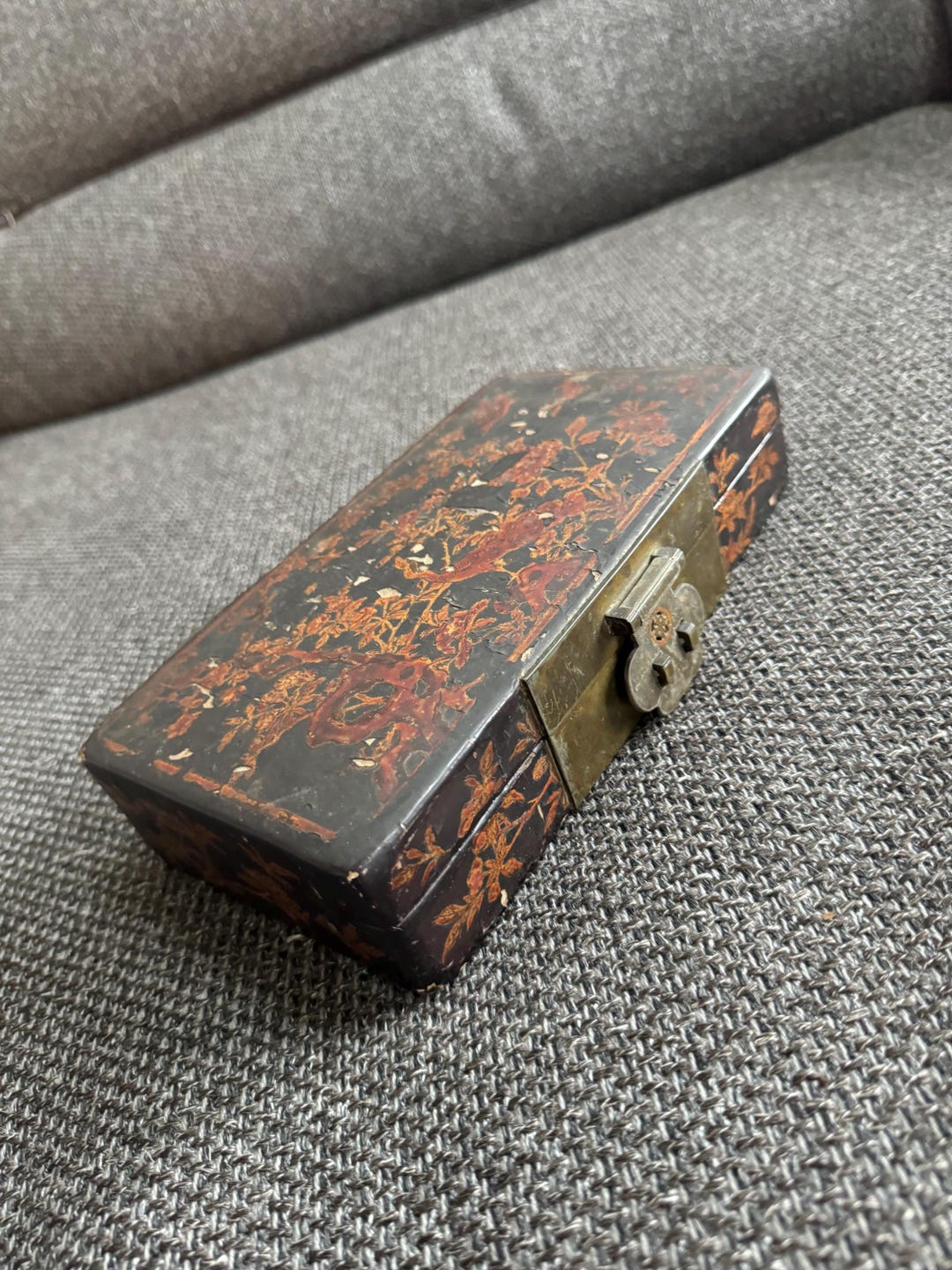 Vintage or Antique Hinged Chinese Black Lacquer Box Heavy Brass ...