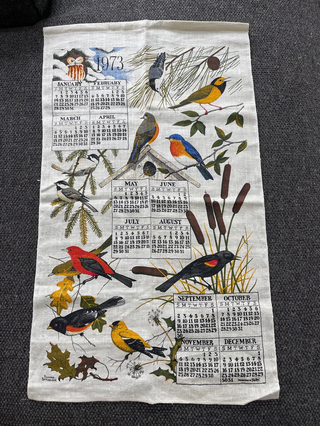Large Vintage 1971 Calendar Linen Kitchen Towel Birds by Richard ...