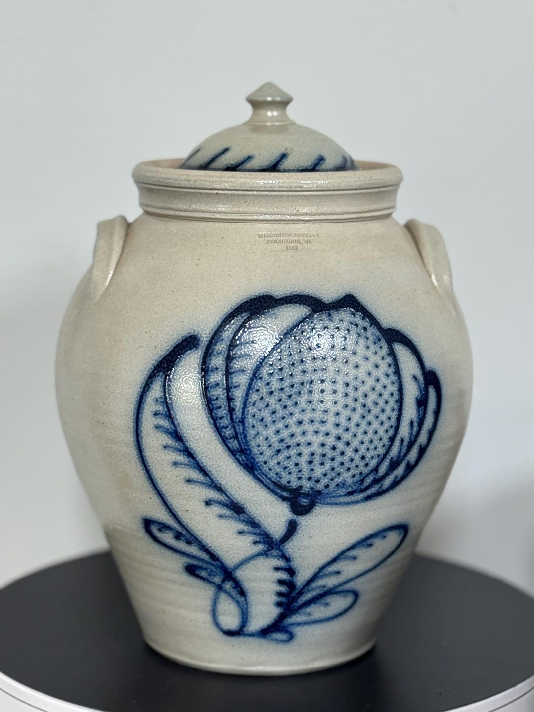 Wisconsin Pottery Columbus WI Salt Glaze Cobalt Blue Floral Crock Jar ...