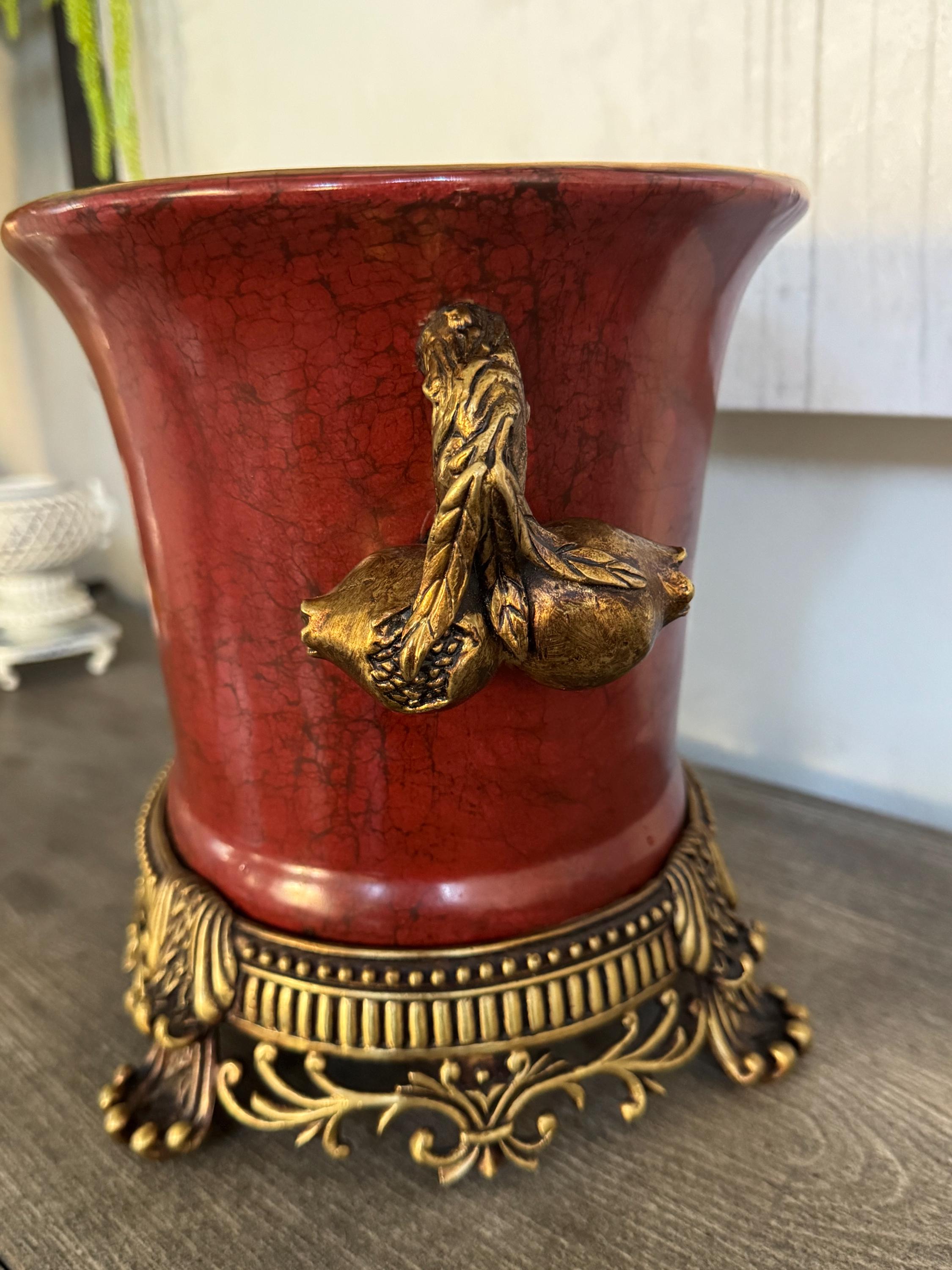 Cayen Collection Burgundy Porcelain Cachepot or Planter or Jardiniere W Pomegranate Antiqued ...