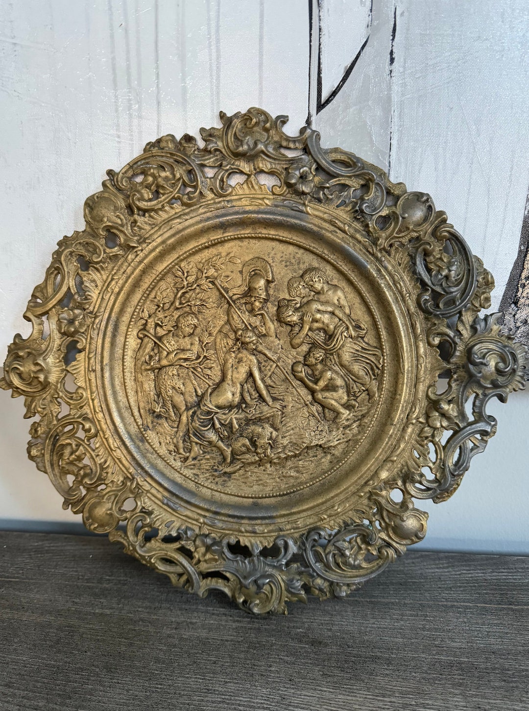 Vintage European Style Round Ornate Gilt Metal Relief Plaque Wall Art ...