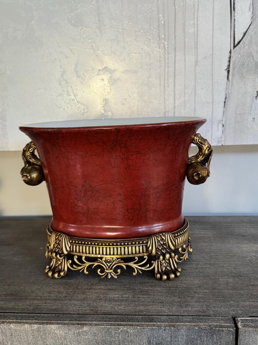 Cayen Collection Burgundy Porcelain Cachepot or Planter or Jardiniere W Pomegranate Antiqued ...