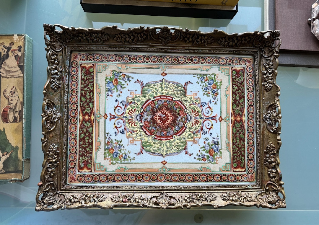 Castilian Imports Hand Painted Porcelain Ornate Brass Tray 19"x 14.5 ...
