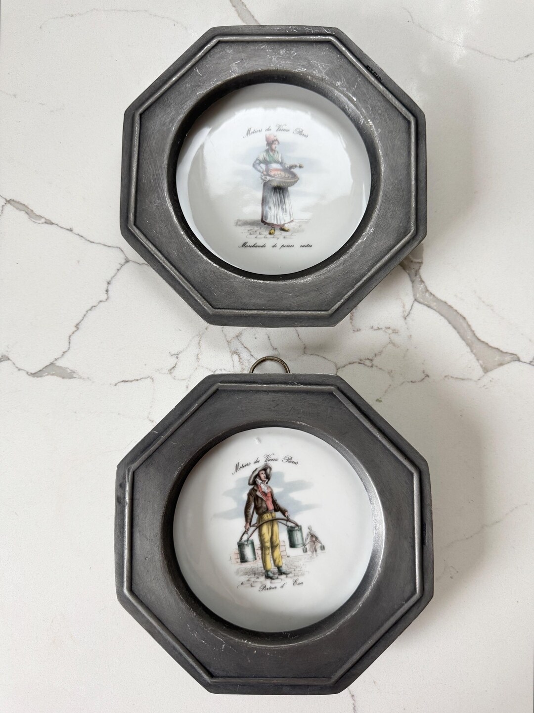 Pair of Vintage French 6" Octagonal Tin or Pewter Framed Porcelain ...