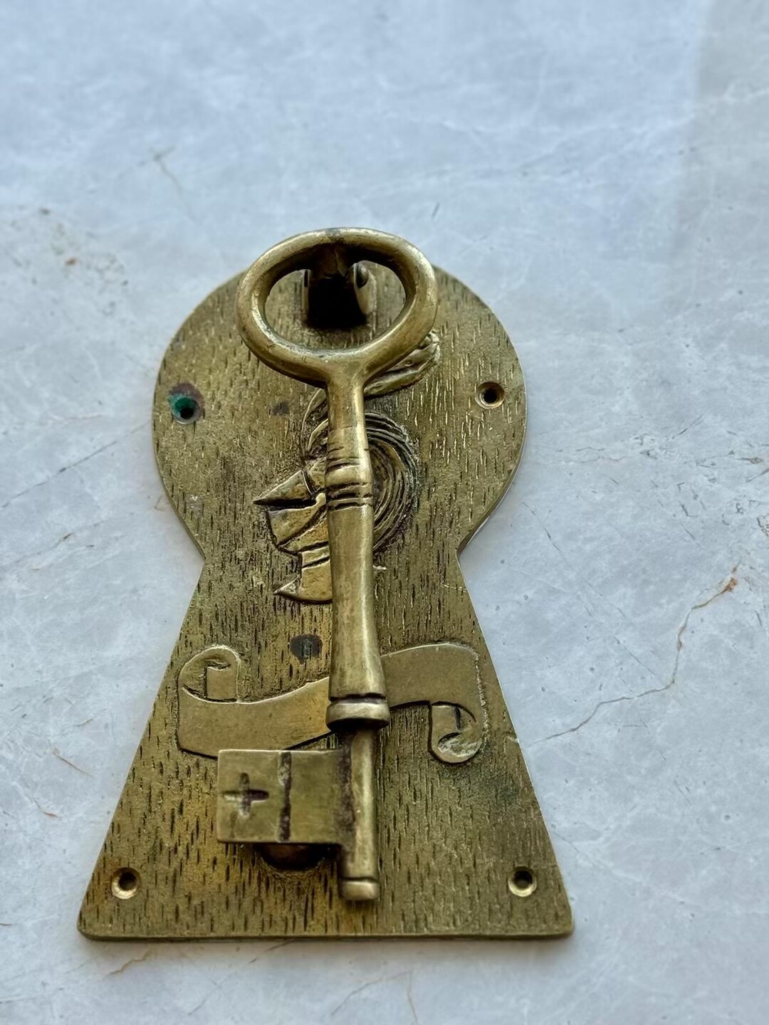 Large Unique Vintage Golden Tone Solid Brass Key & Knight Door Knocker ...