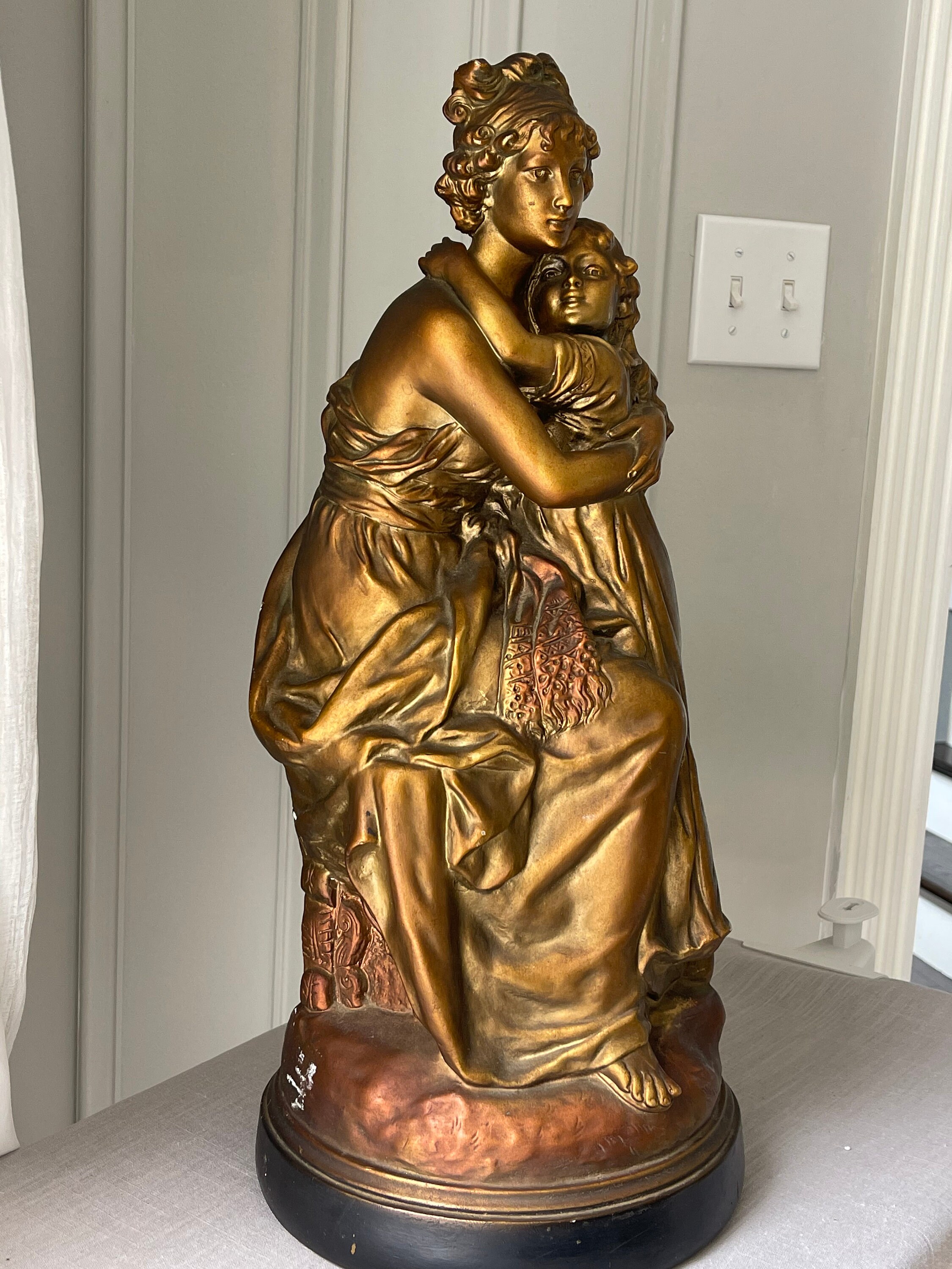French Style Vintage Mother and Child Gold Tone Sculpture Ceramic or ...